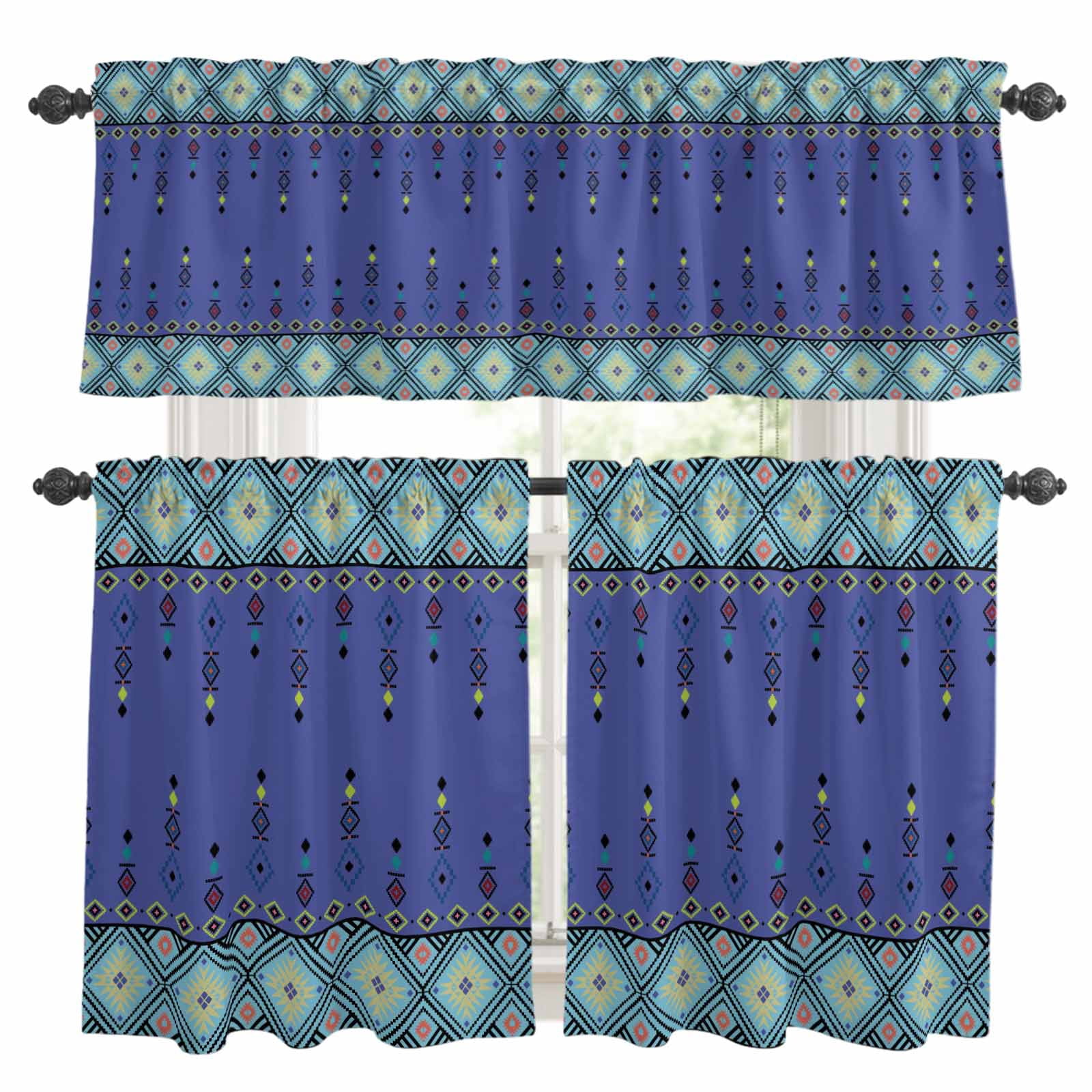 Blue Bohemian Kitchen Curtains Valances and Tiers Set of 3 Vintage ...