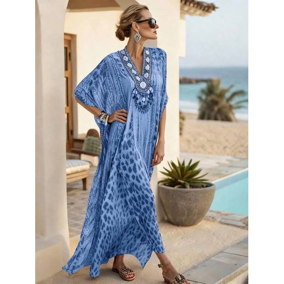 Blue Bohemian Leopard Print Maxi Dress With Embroidered V-Neck, Relaxed ...