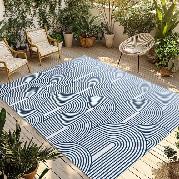 Blue Bohemian Outdoor Rug, Abstract Stripes Texture Geometric Pattern ...