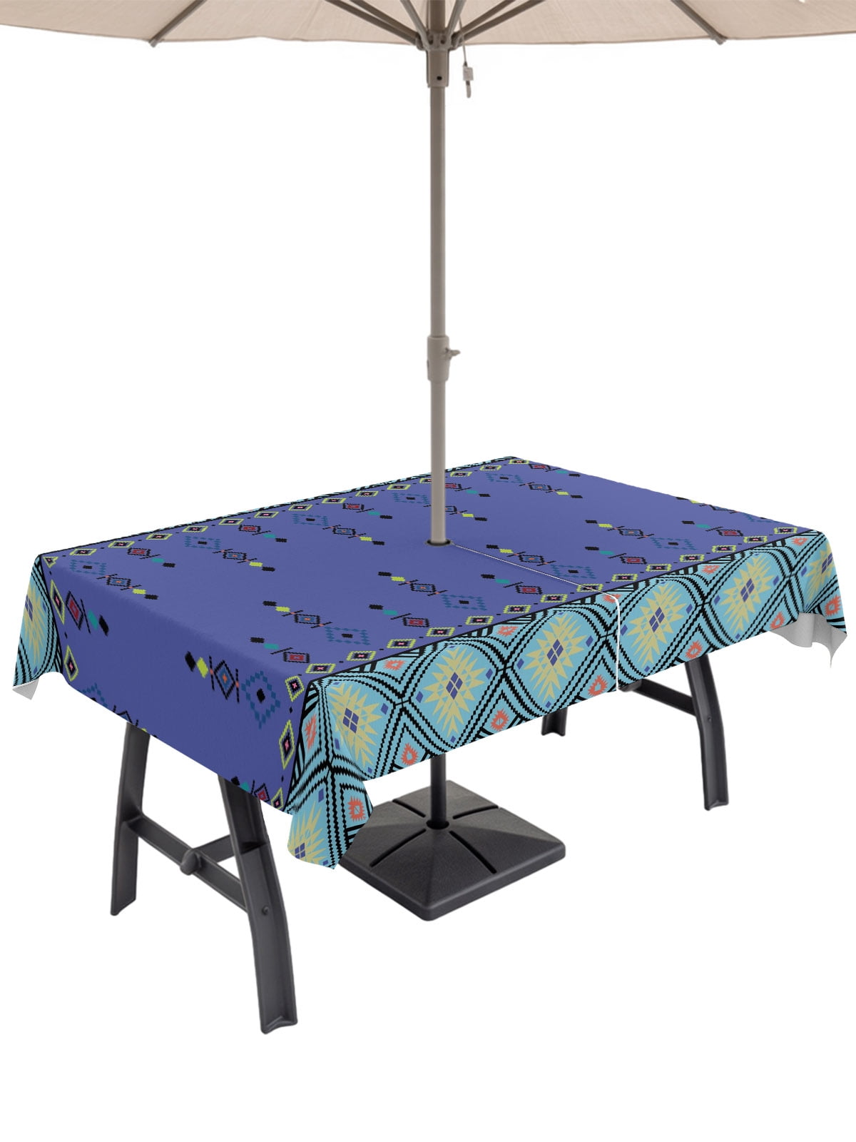 Blue Bohemian Rectangle Outdoor Tablecloth with Umbrella Hole Vintage ...