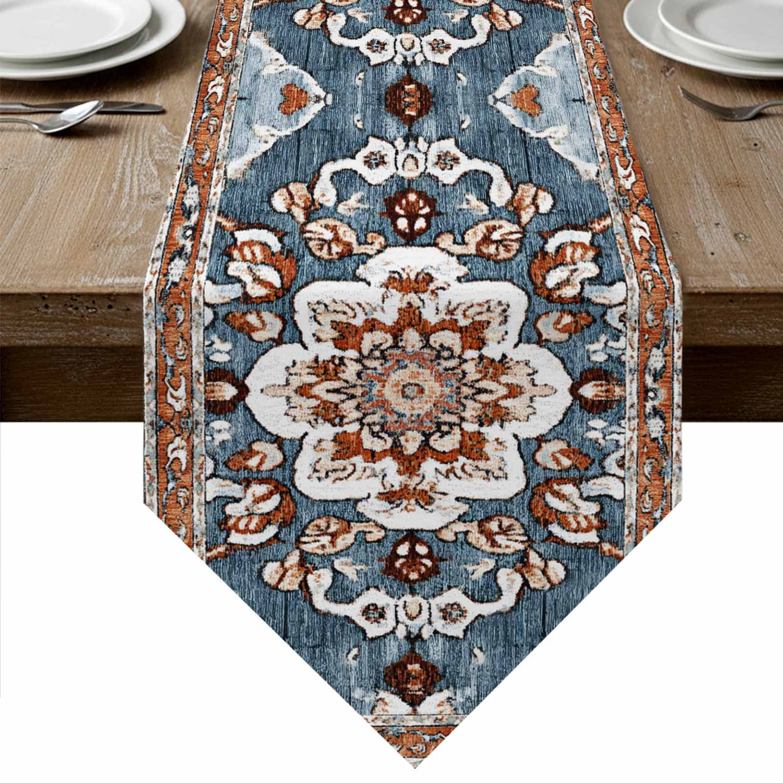 Blue Bohemian Table Runner Linen Burlap Table Runner 90 Inches Long ...