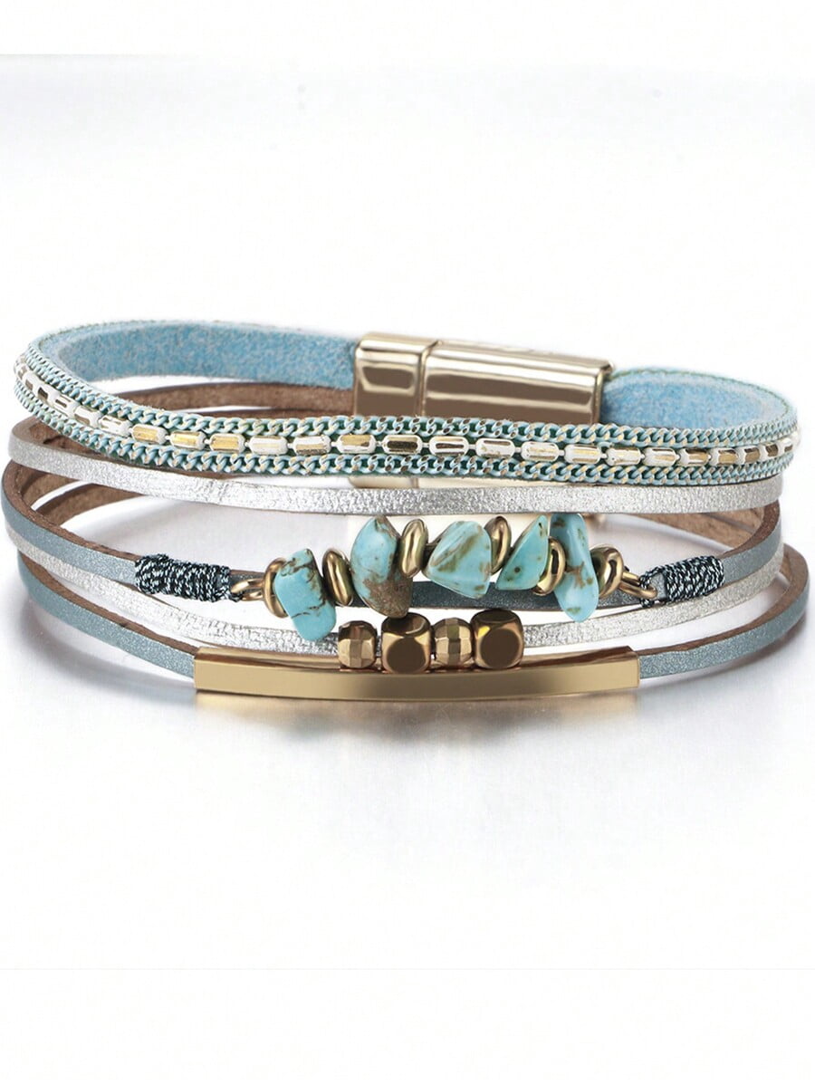Blue Bohemian Wrap Bracelet With Layered PU Leather Straps, Turquoise ...