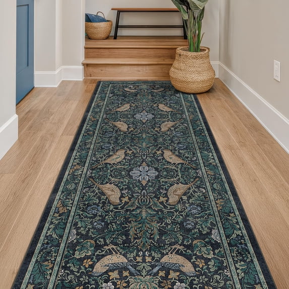 Blue Boho 2'6"x10' Long Hallway Runner Rug - Vintflbotanical Bird For ...