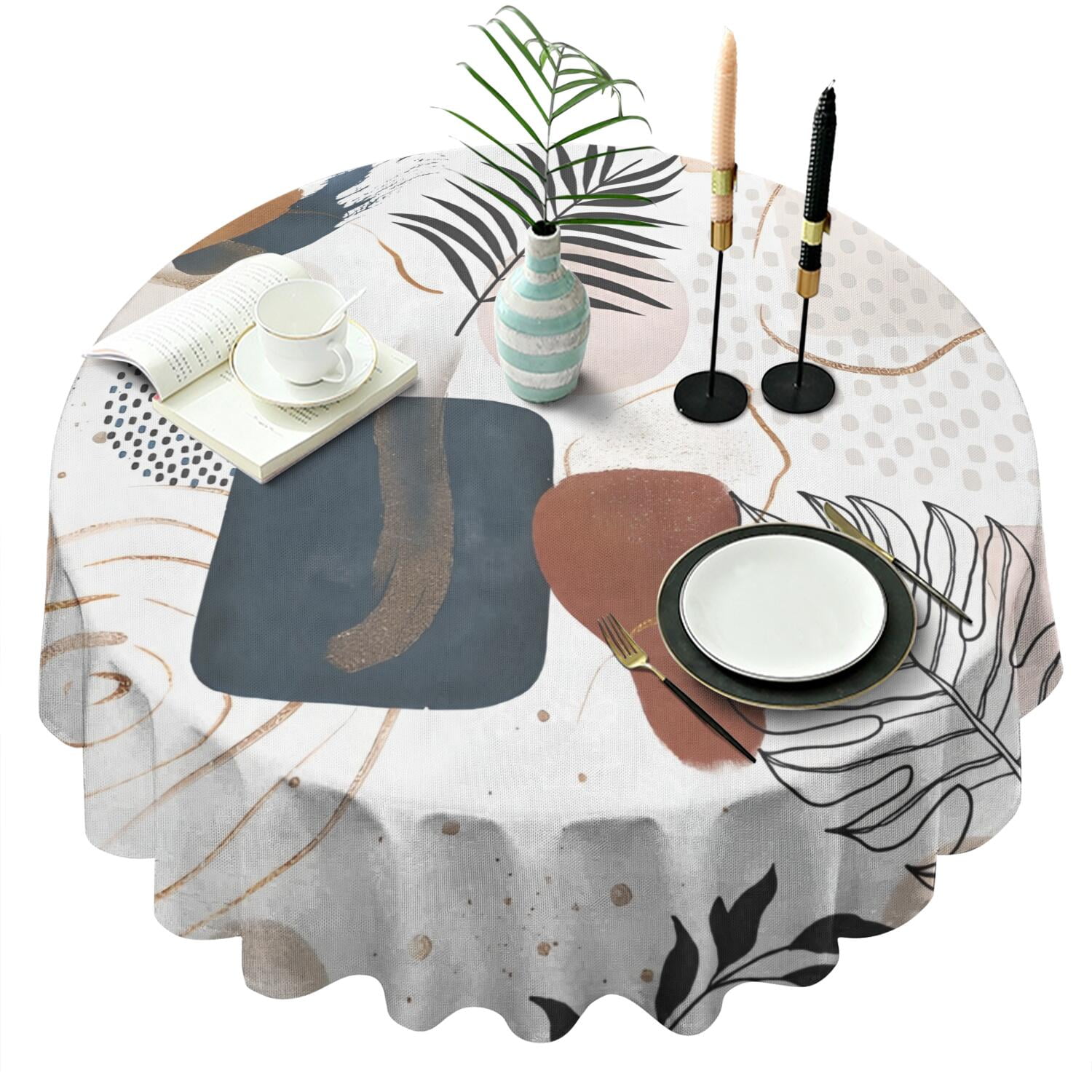 Blue Boho Abstract and Plant Pattern Round Tablecloth 60"x60",Wrinkle ...