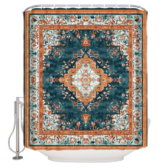 Blue Boho Bathroom Shower Curtains with 12 Hooks Polyester Waterproof ...