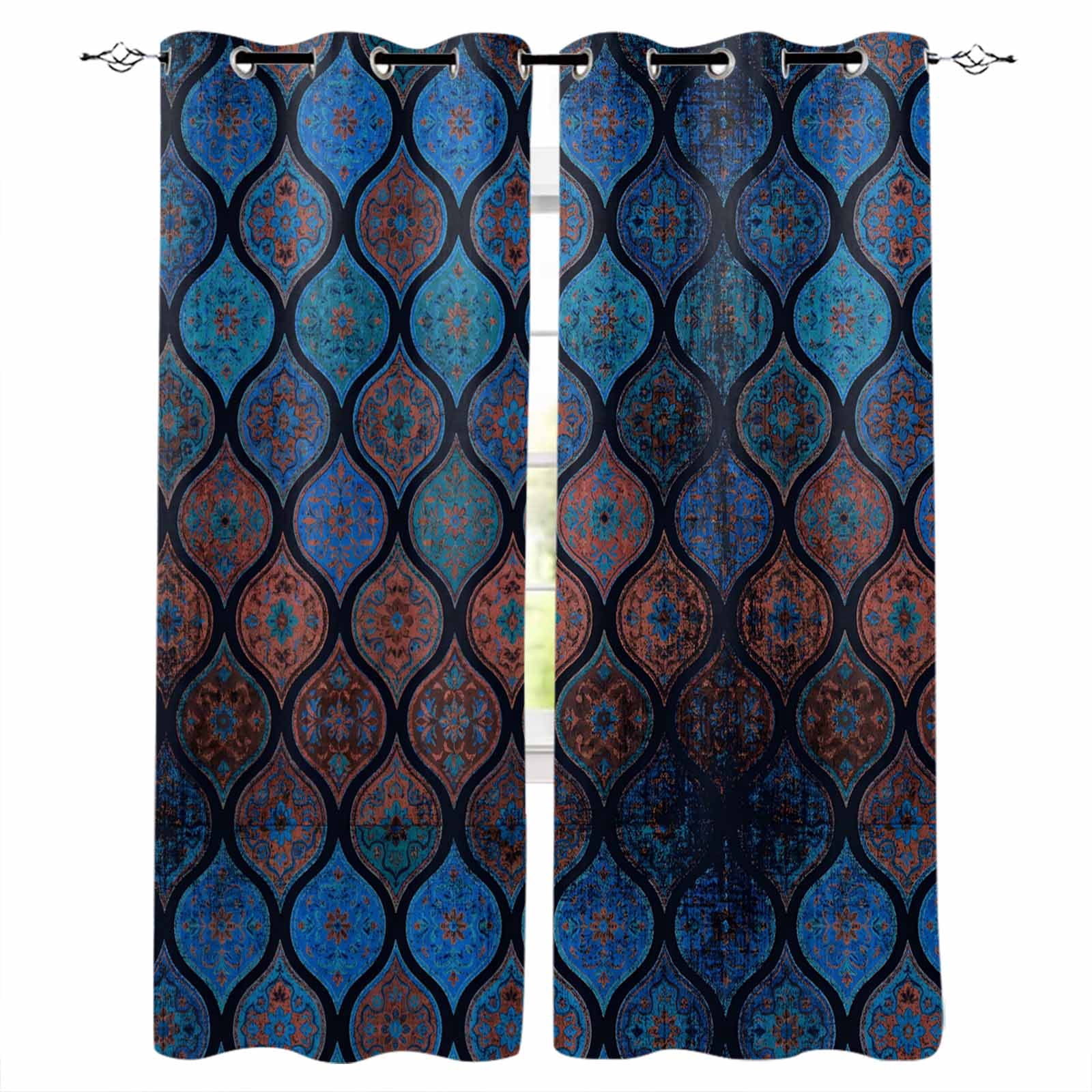 Blue Boho Blackout Curtains for Bedroom/Living Room, Thermal Insulated ...