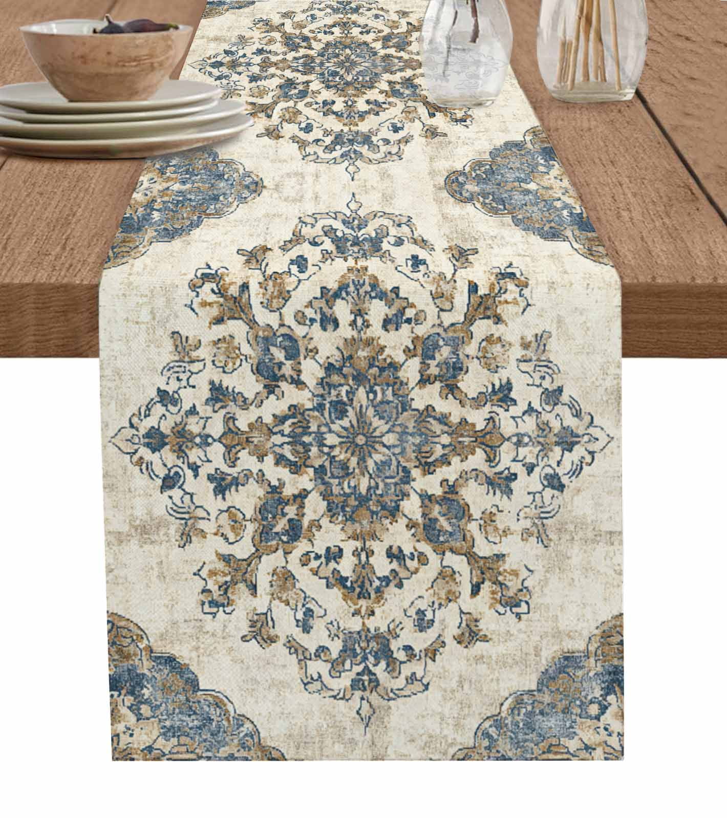 Blue Boho Burlap Cotton Table Runner 13x48 Inches Long, Ethnic ...