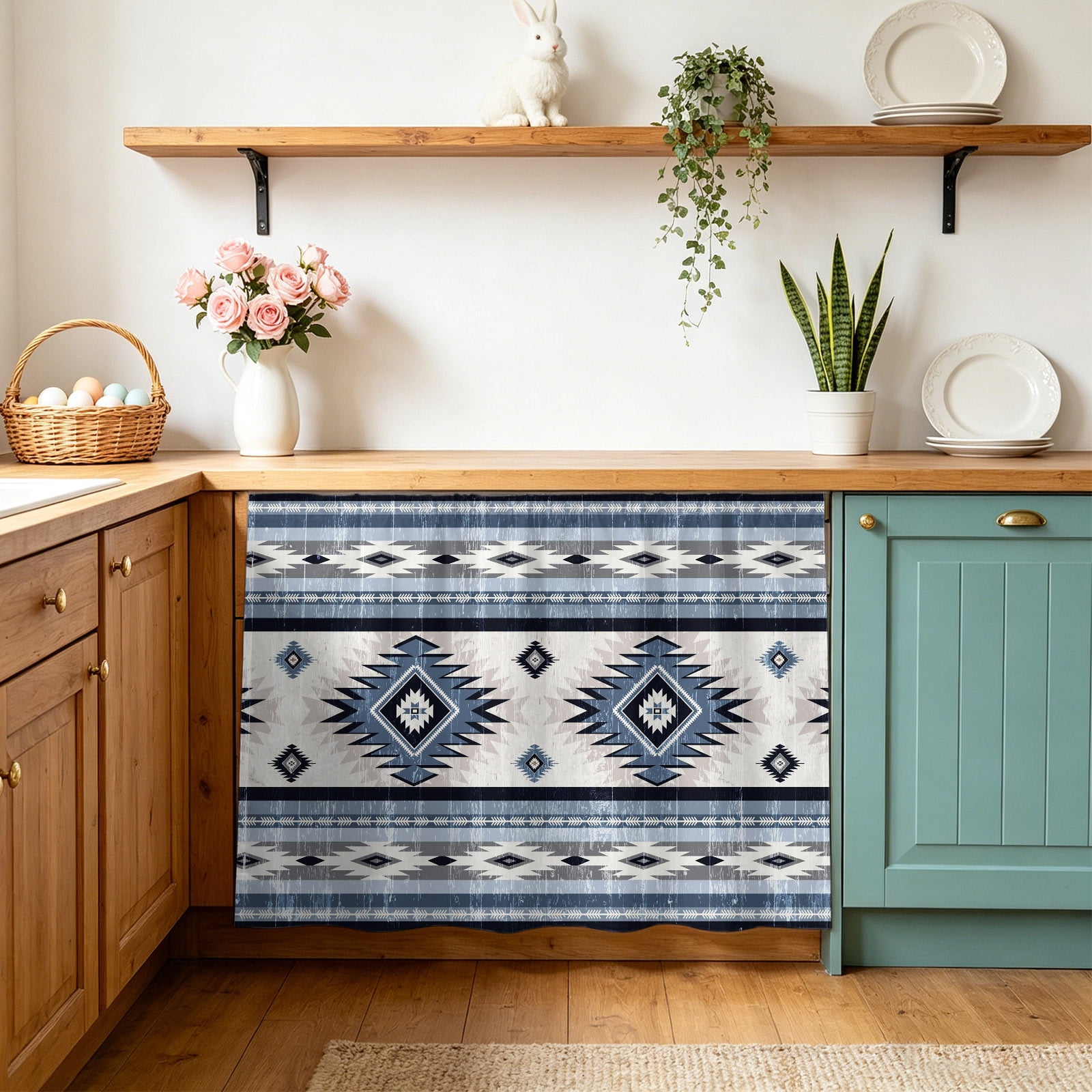 Blue Boho Cabinet Curtains 28''x35.4'', Southwestern Ethnic Aztec Retro ...