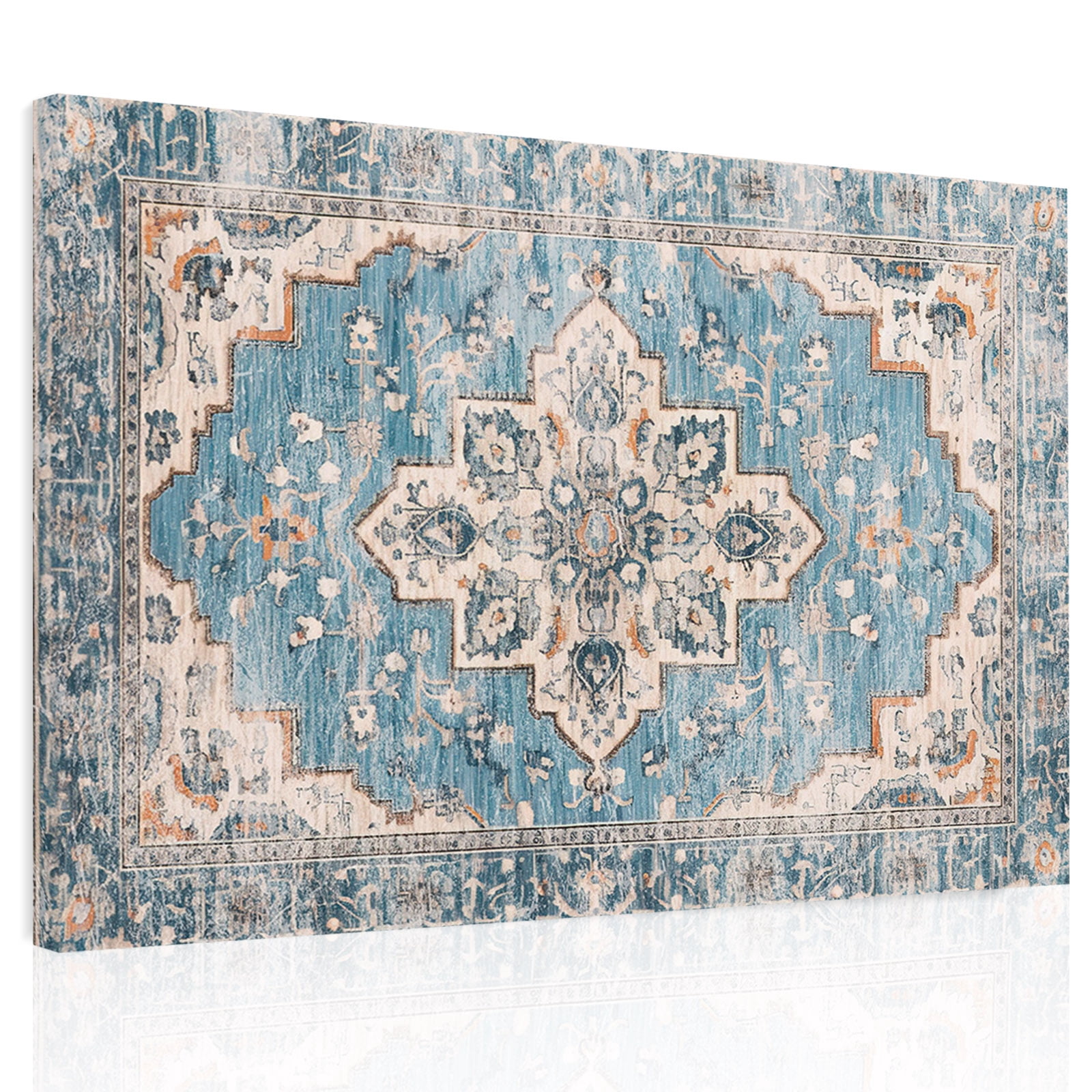 Blue Boho Canvas Print Wall Art, Oriental Medallion Retro Distressed ...