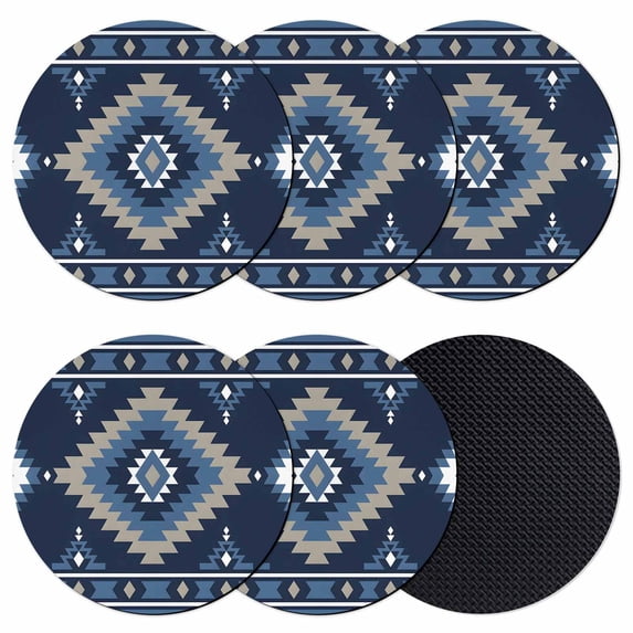 Blue Boho Coasters Set of 6, Aztec Southwest Abstract Geometric Motifs ...