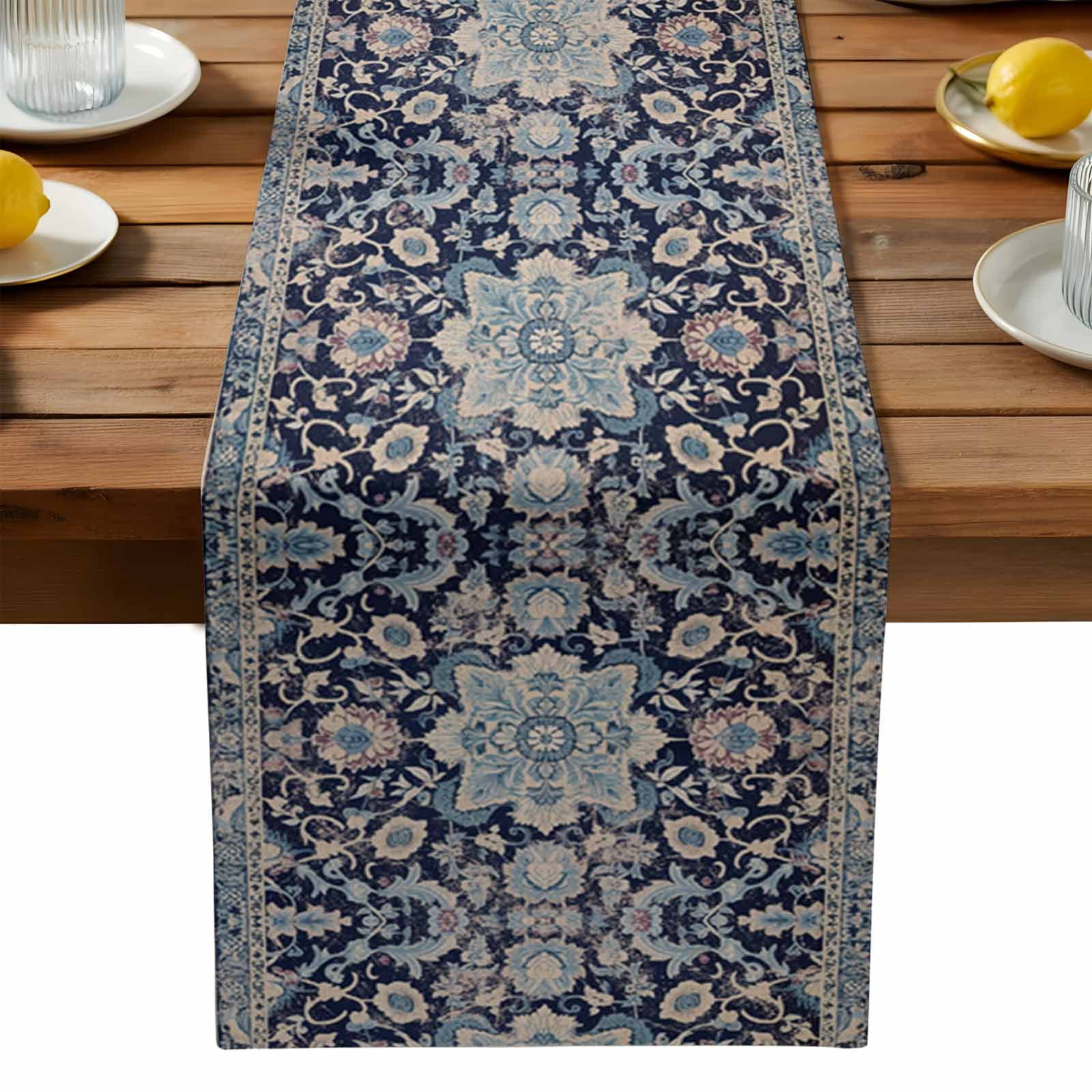 Blue Boho Cotton Linen Table Runner for Dining Kitchen, Modern ...