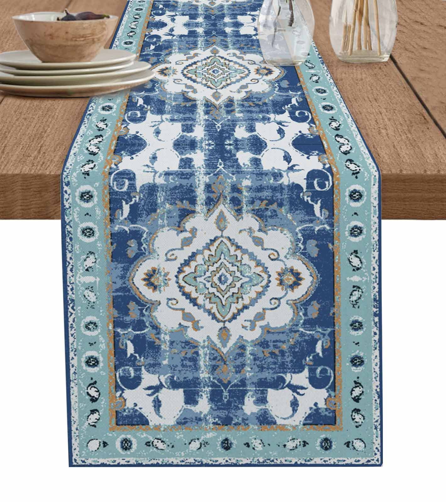 Blue Boho Ethnic Short Table Runners 48 Inches, Cotton Linen Fabric ...