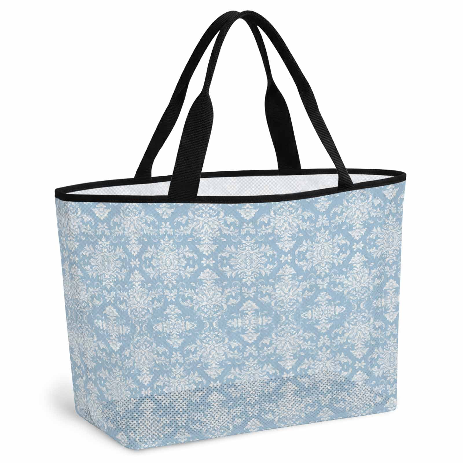 Blue Boho Floral Beach Bag for Women, Large Breathable Mesh Beach Tote ...