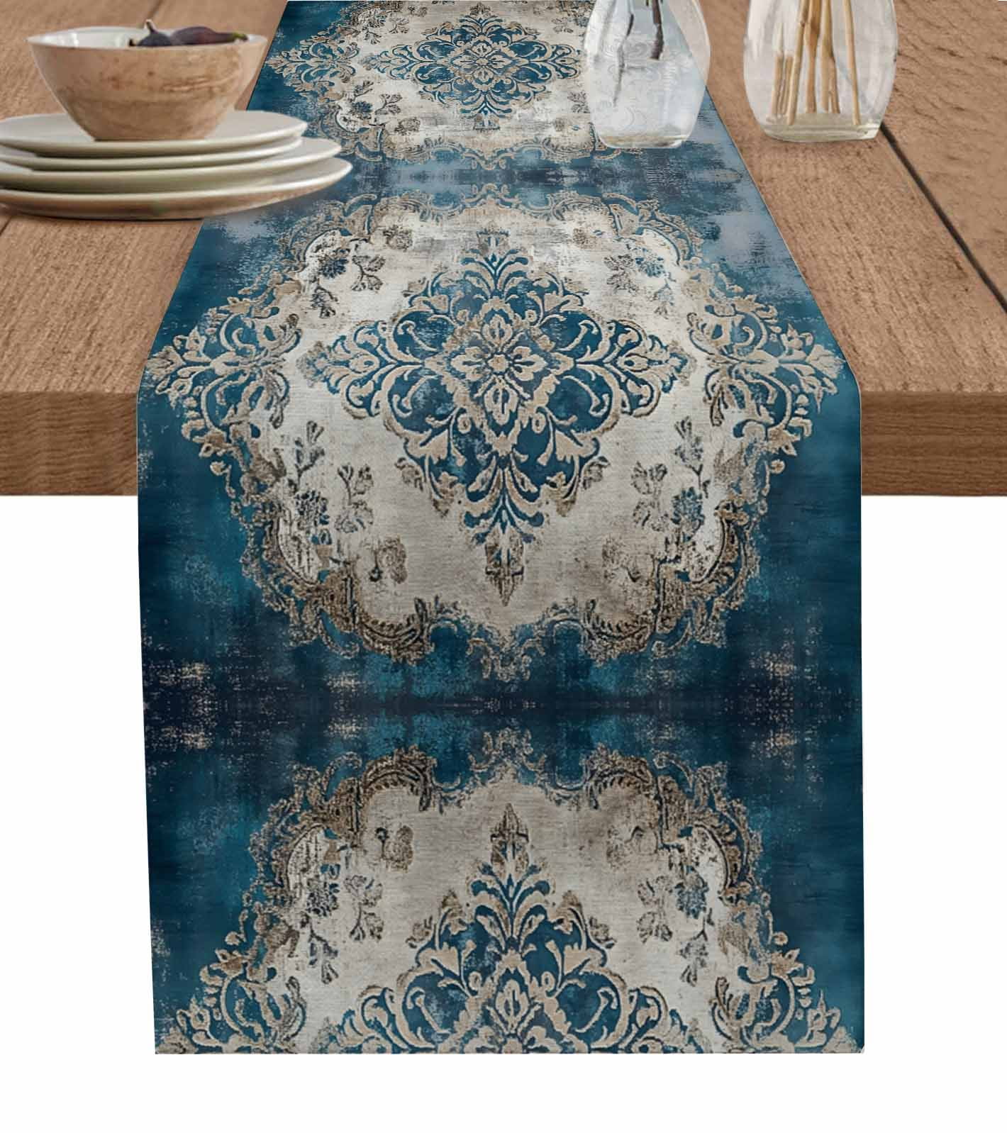 Blue Boho Floral Burlap Cotton Table Runner 13x60 Inches Long, Vintage ...