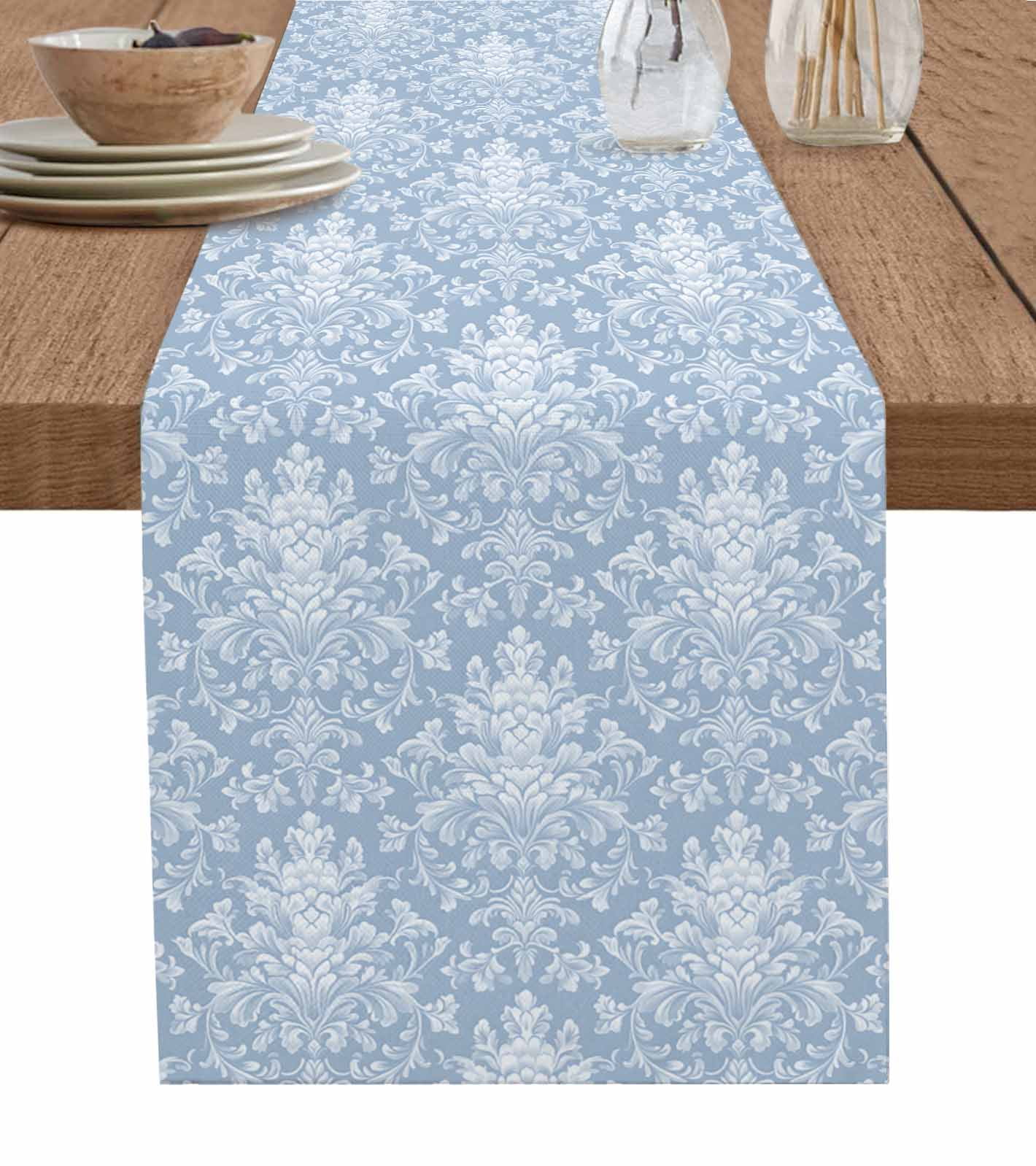 Blue Boho Floral Burlap Cotton Table Runner 16x72 Inches Long, Vintage ...