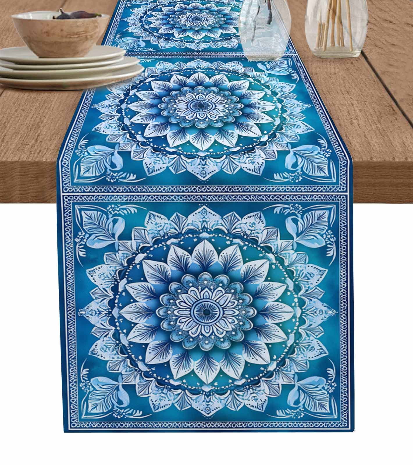 Blue Boho Floral Burlap Cotton Table Runner 18x72 Inches Long, Ethnic ...