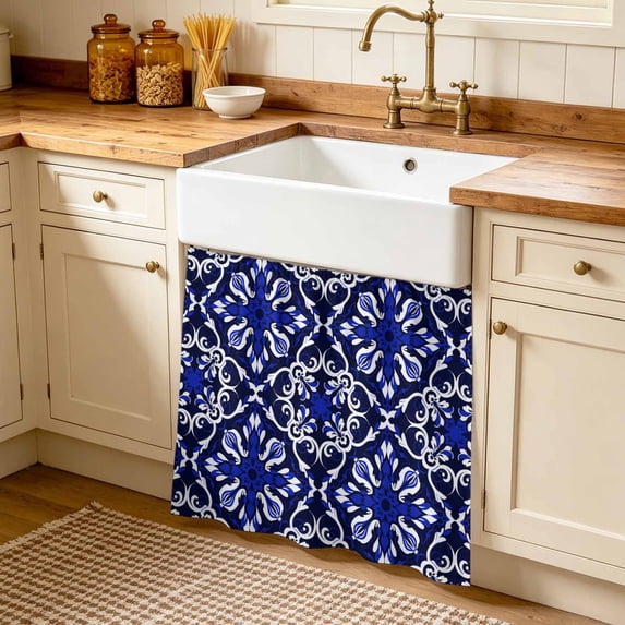 Blue Boho Floral, Cabinet Curtains 35"W x 35"L, Abstract Oriental ...