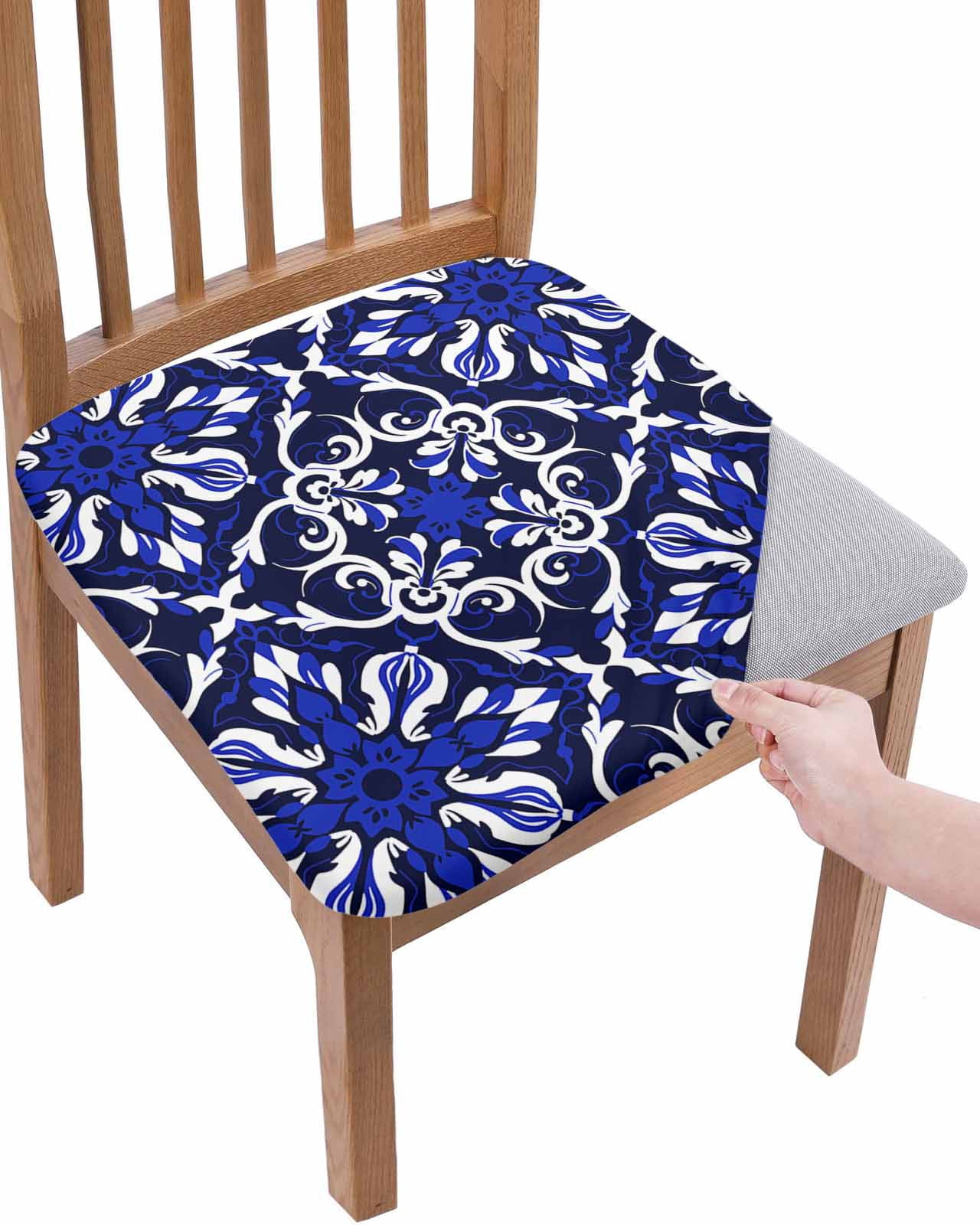 Blue Boho Floral, Chair Seat Covers for Dining Room Stretch Chair Seat ...
