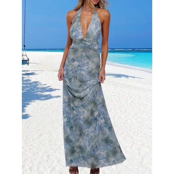 Blue Boho Floral Halter Maxi Dress Deep V Neck Sleeveless Backless ...