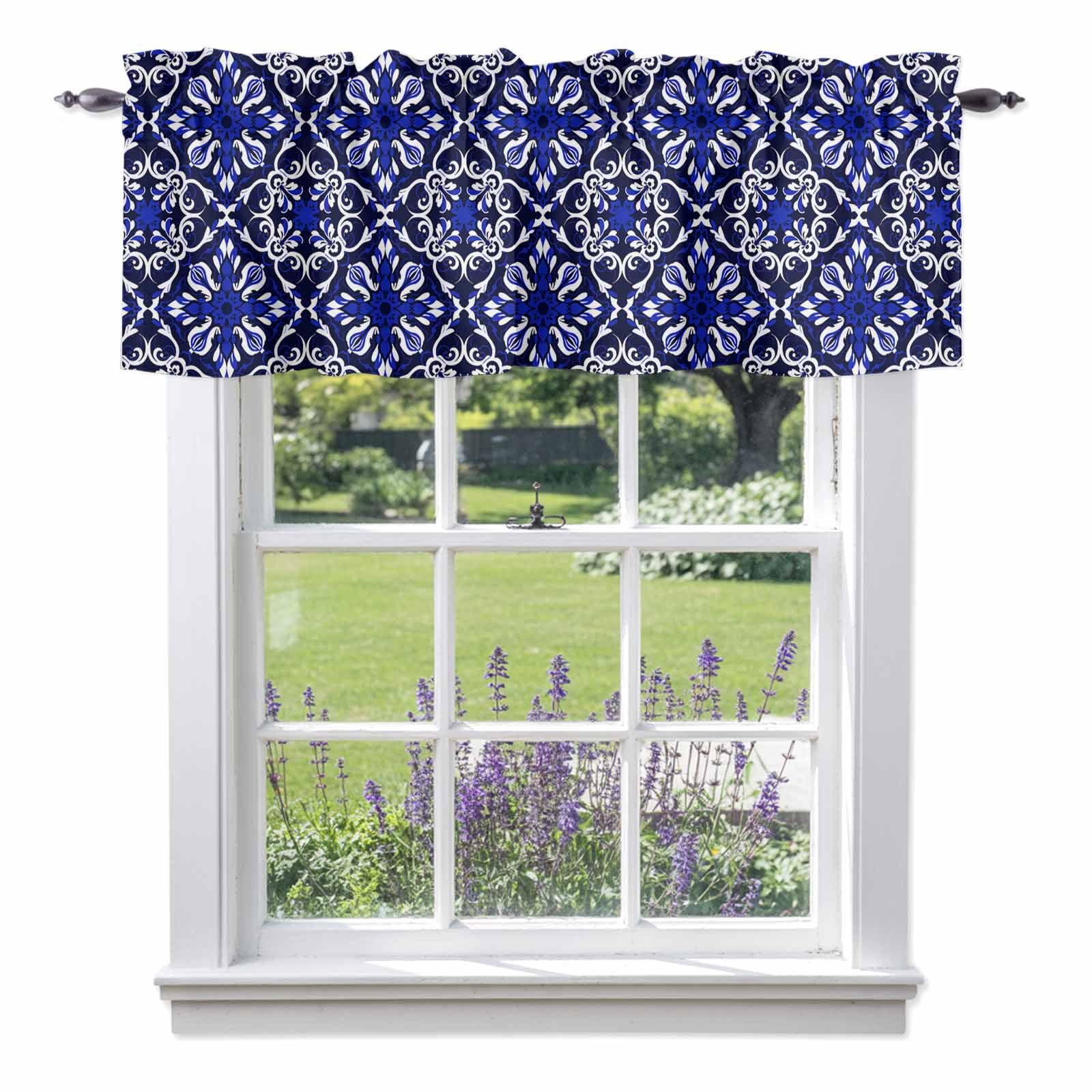 Blue Boho Floral, Kitchen Curtain Valances for Windows Farmhouse Short ...