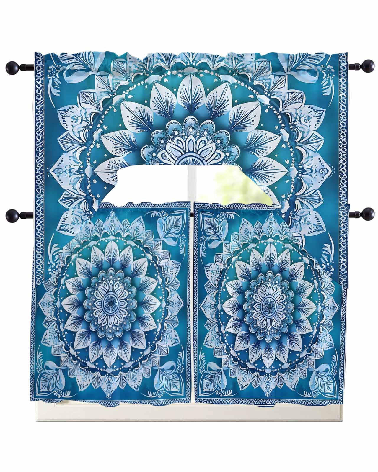 Blue Boho Floral Kitchen Curtains Set for Windows 3 Piece Cafe Curtains ...