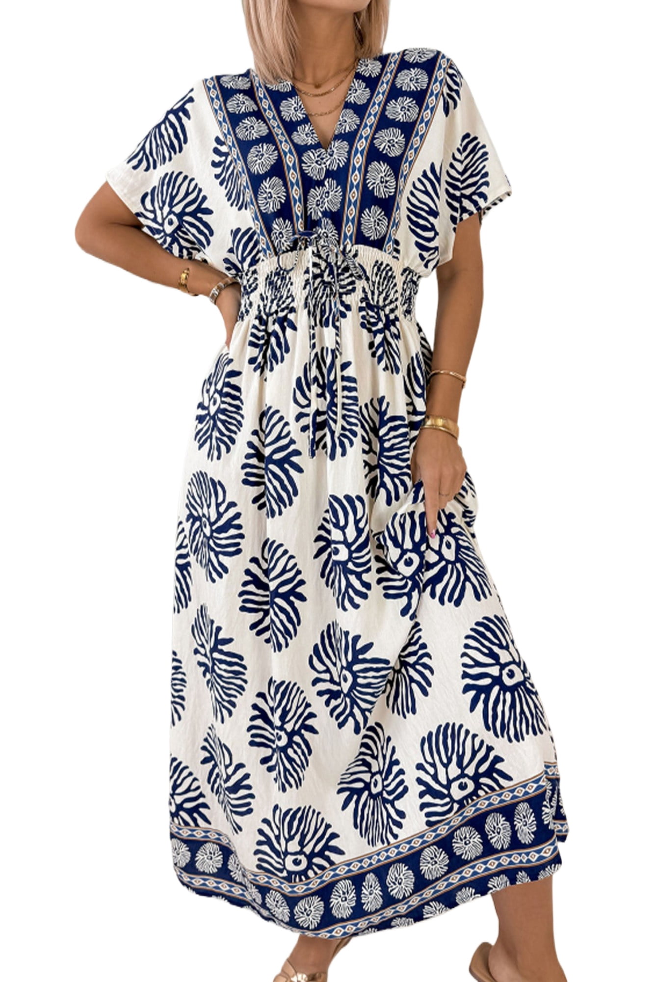 Blue Boho Floral Print Midi Dress for Women – V-Neck Dolman Sleeve ...