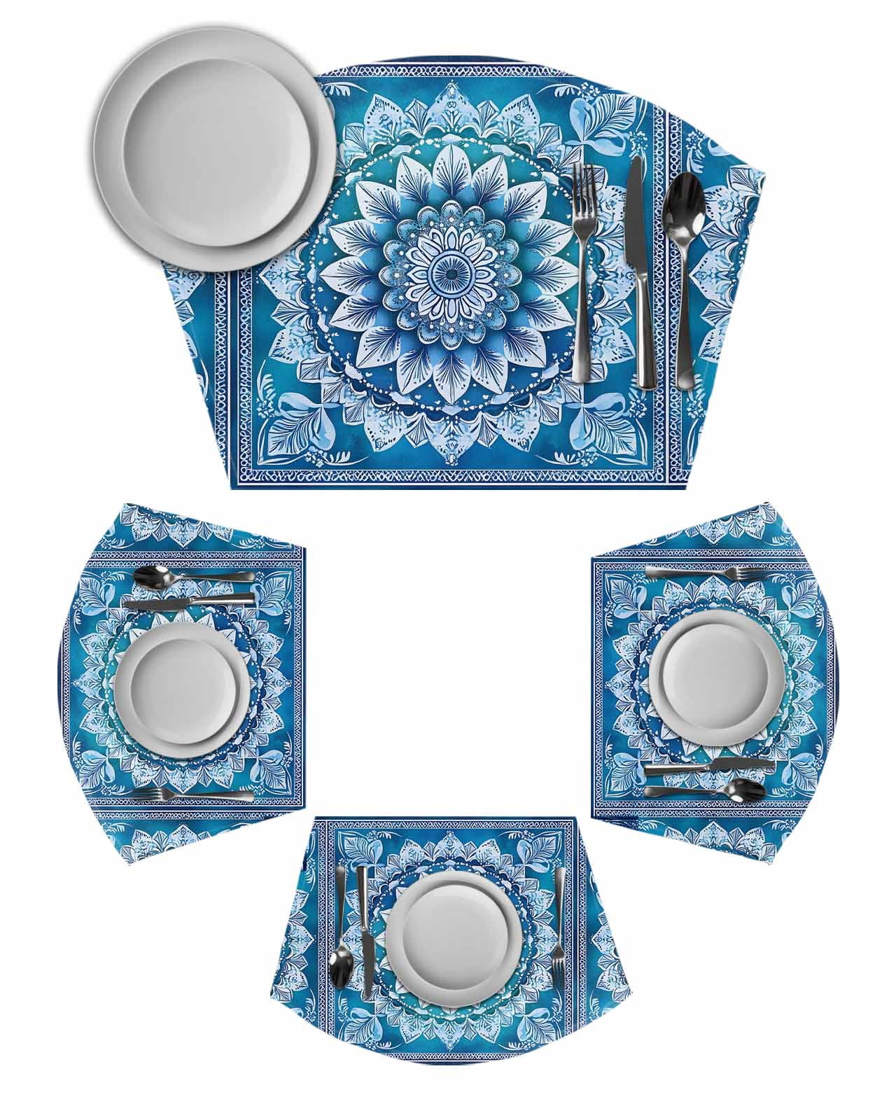 Blue Boho Floral Round Table Placemats Set of 6 Wedge Placemats, Ethnic ...
