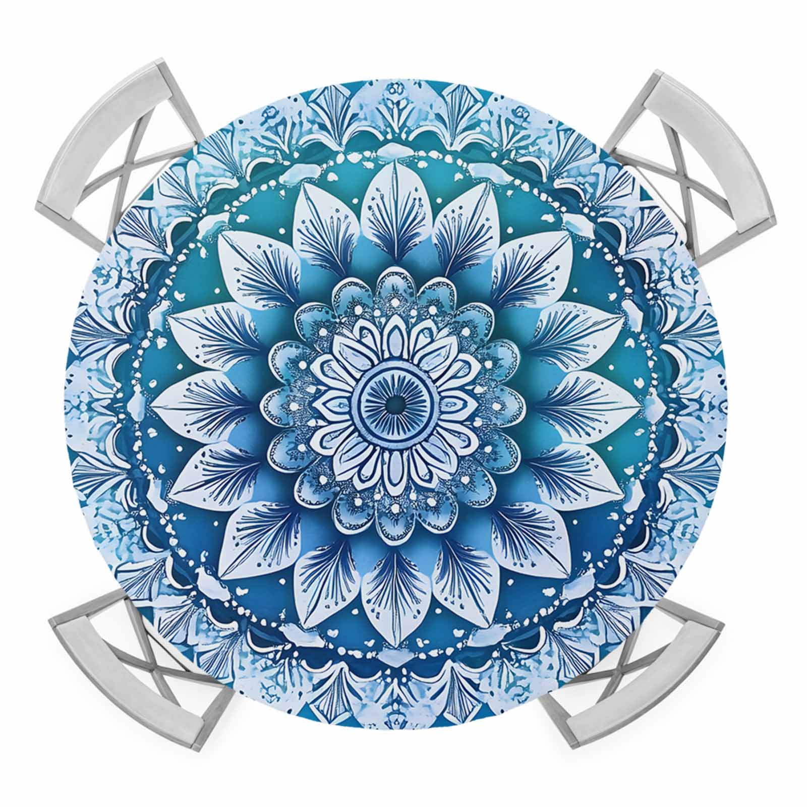 Blue Boho Floral Round Tablecloth for 45-54 Inch Tables,Fitted Table ...