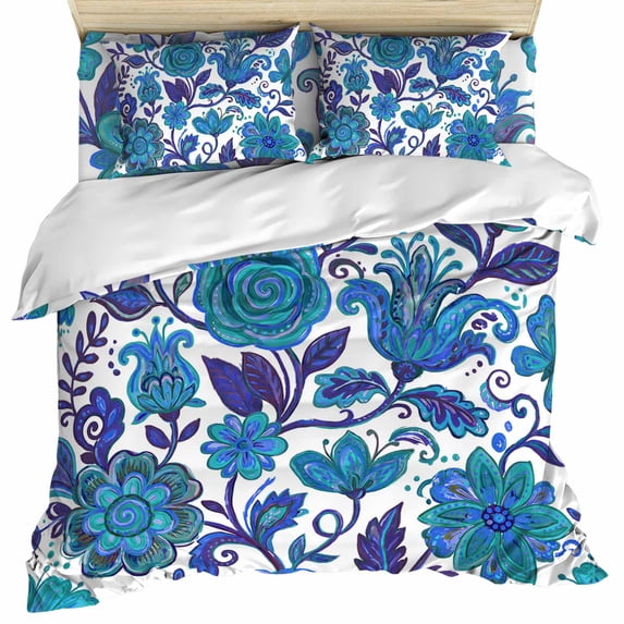 Blue Boho Floral Set of 4 Bedding Quilt Covers, Abstract Art Paisley ...