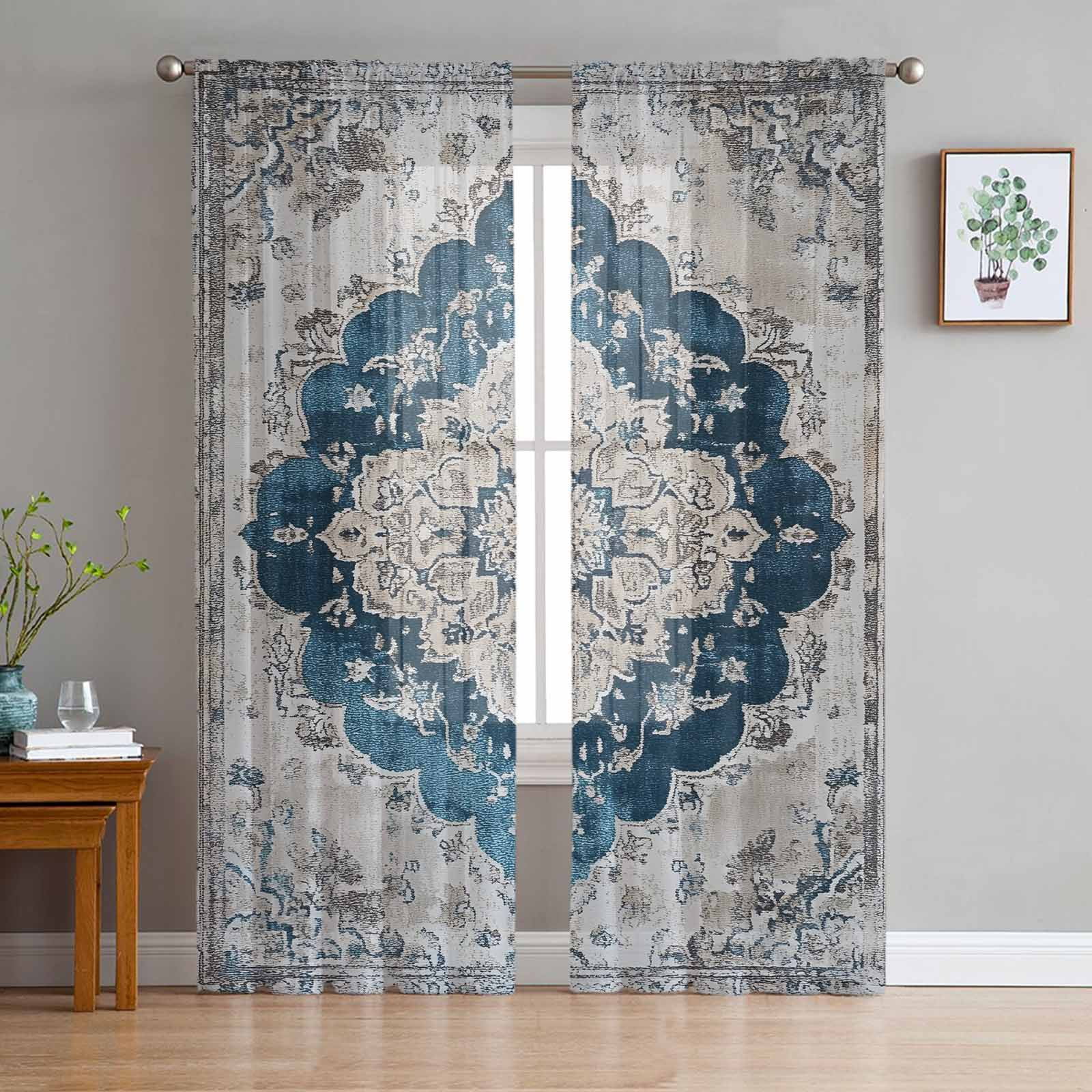 Blue Boho Floral Sheer Curtains 108 Inch Length 2 Panels Set for Living ...