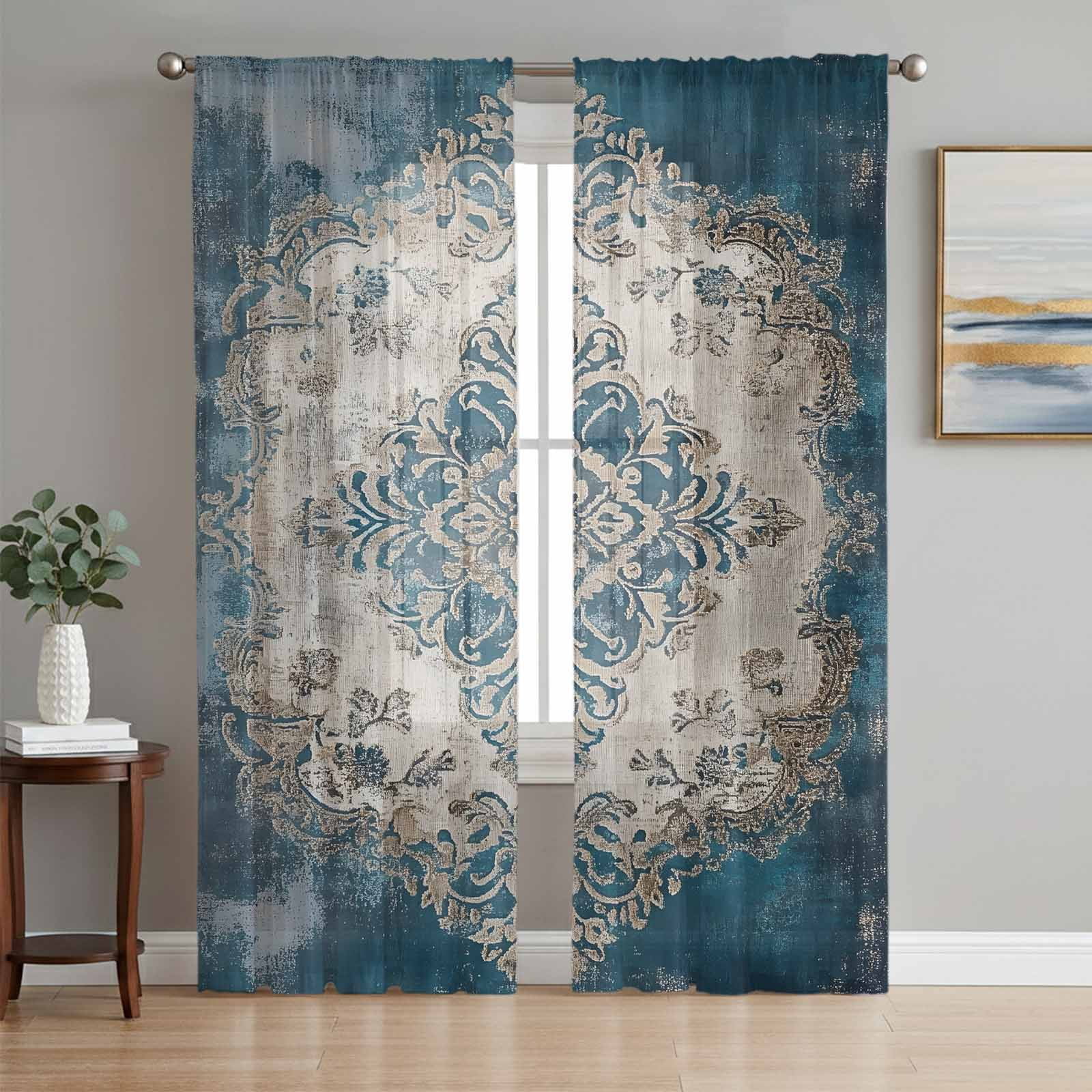 Blue Boho Floral Sheer Curtains 63 Inch Length 2 Panels Set, Vintage ...