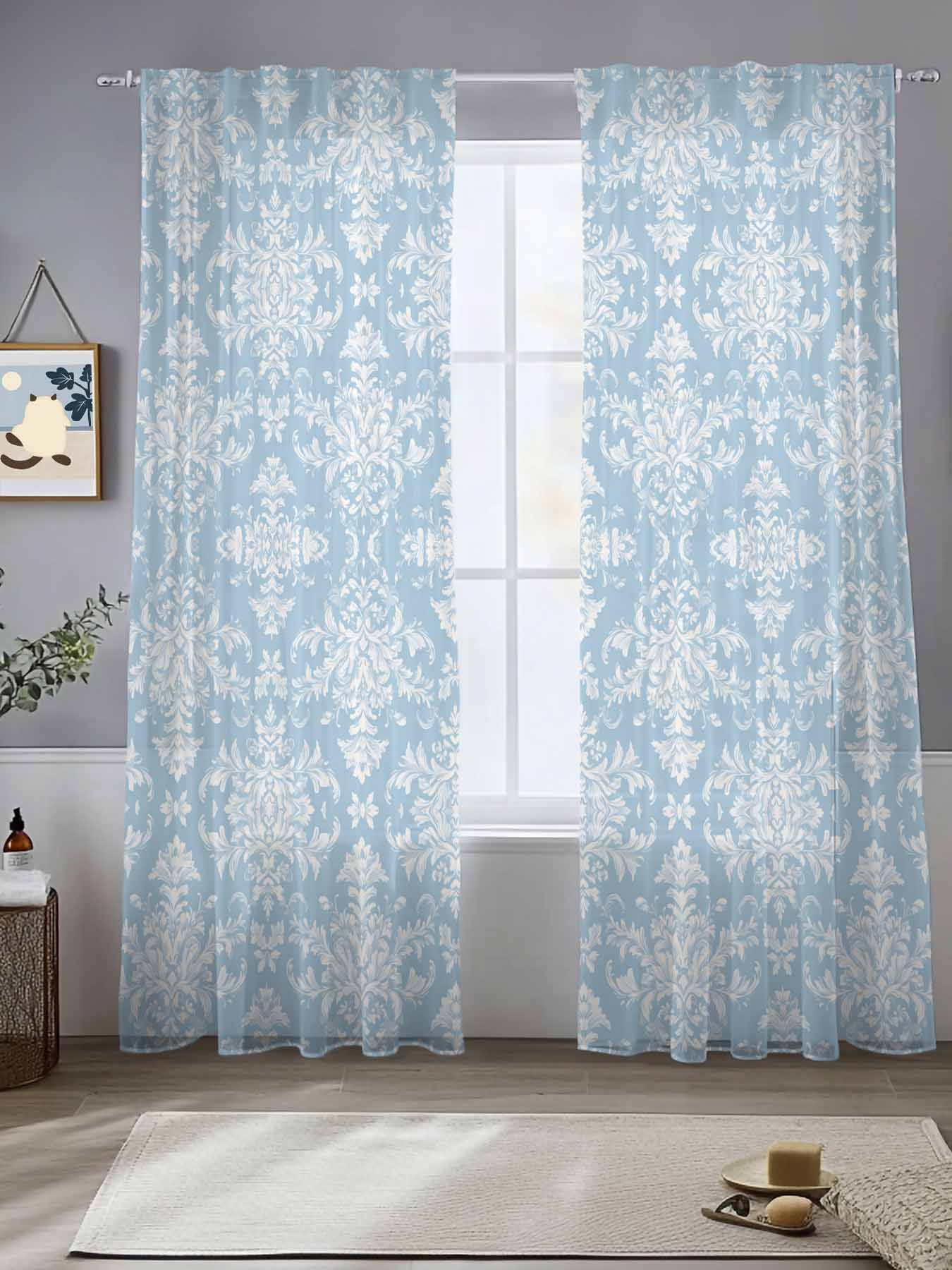 Blue Boho Floral Sheer Curtains for Living Room Bedroom Ethnic Neutral ...