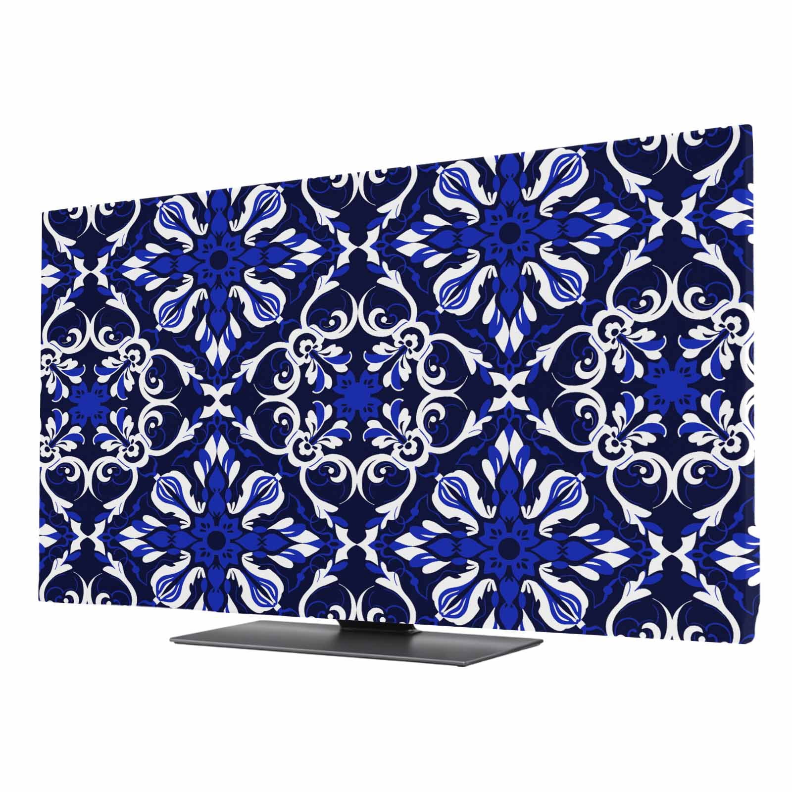 Blue Boho Floral TV Cover for 55 Inch Screen, Stretch Fabric Dustproof ...