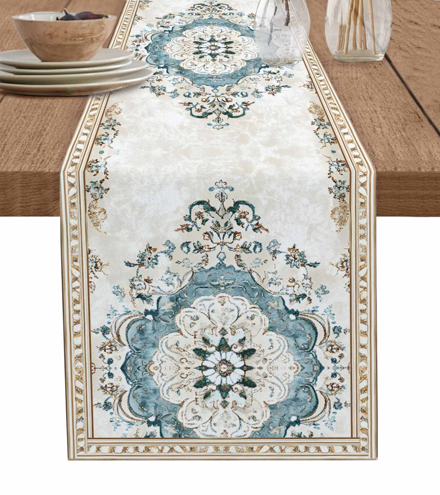 Blue Boho Floral Table Runner 72 Inches, Aztec Ethnic Abstract ...