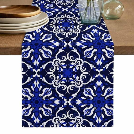 Blue Boho Floral Table Runner, Abstract Oriental Bohemian Flower ...