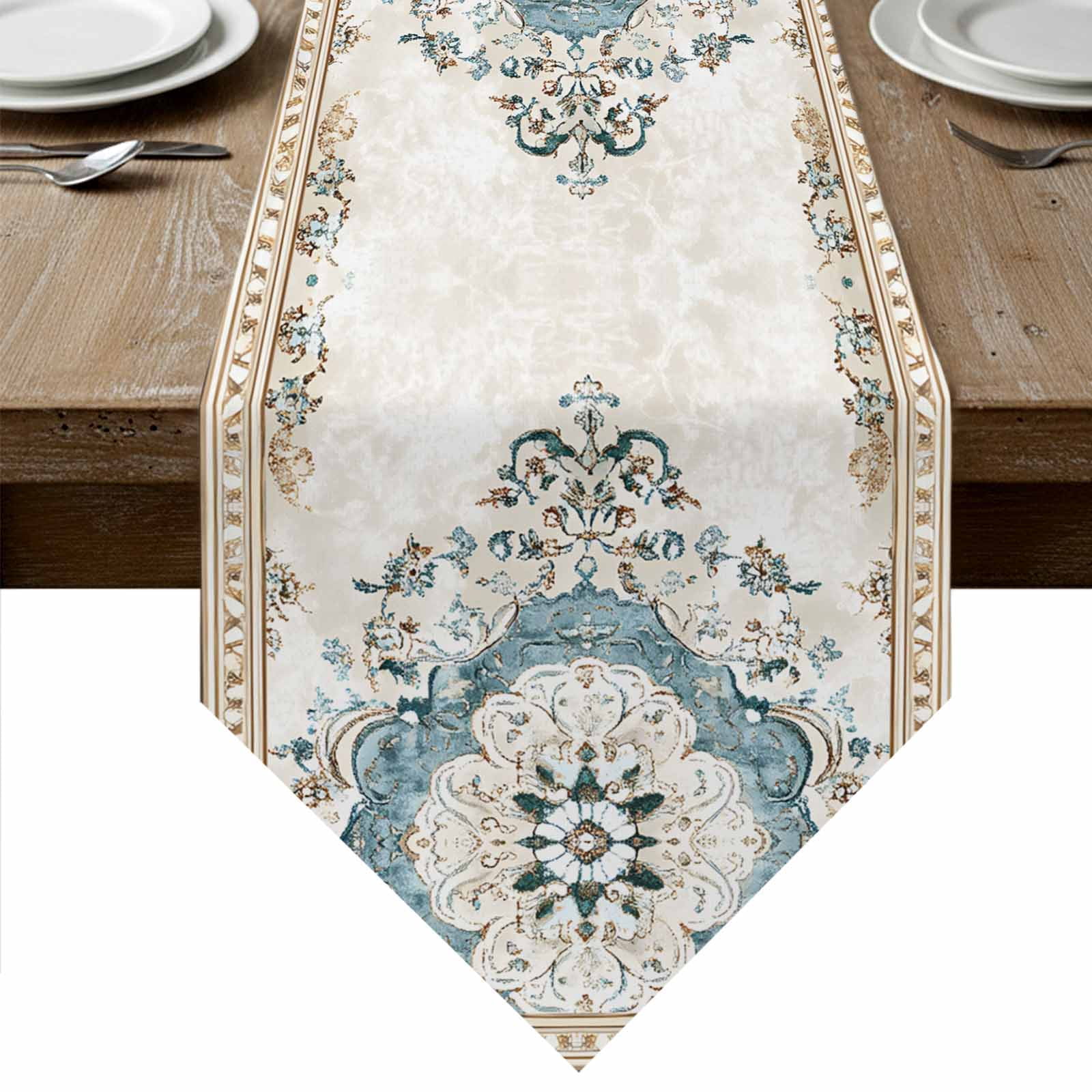 Blue Boho Floral Table Runner Linen Burlap Table Runner 72 Inches Long ...