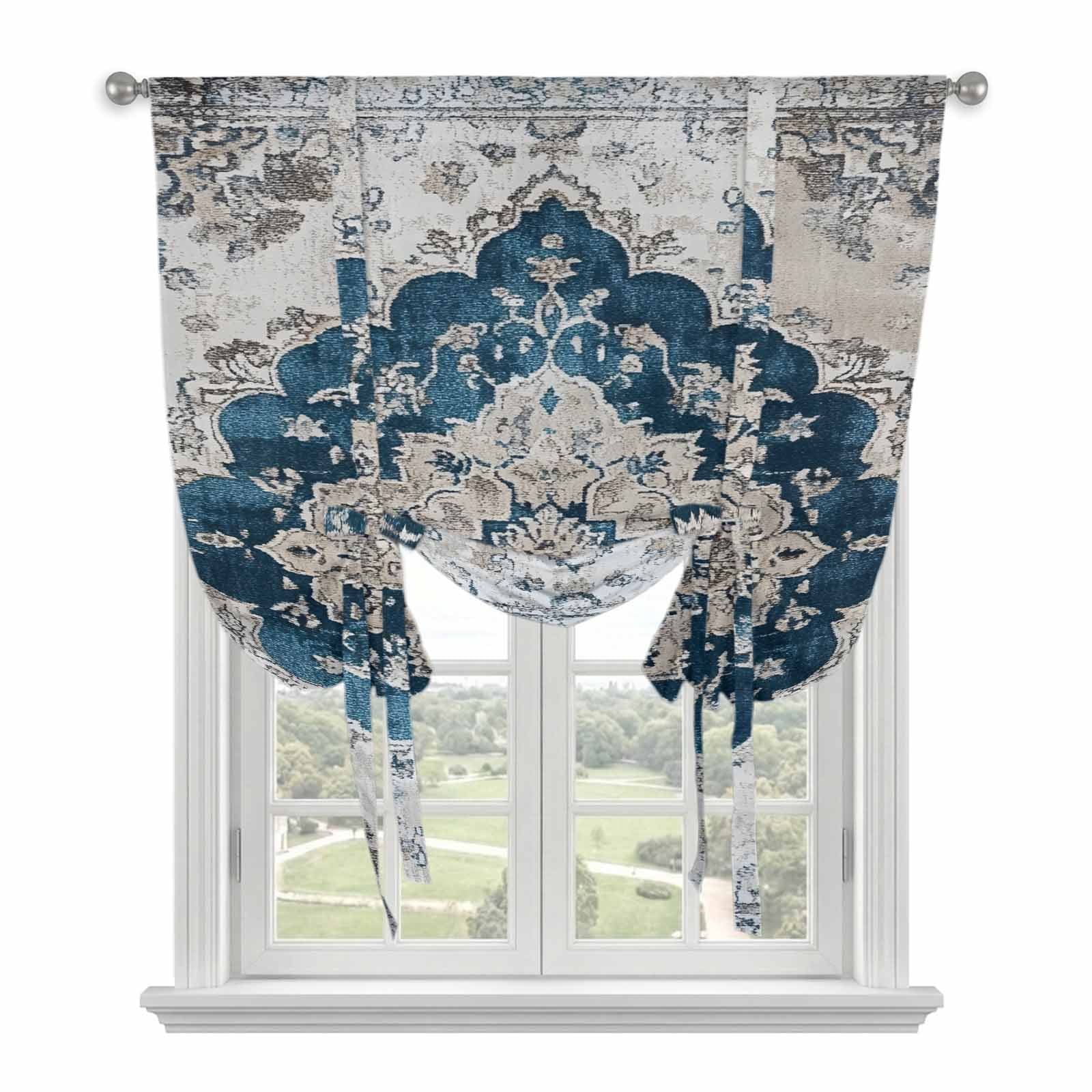 Blue Boho Floral Tie Up Curtain Valance for Window, Adjustable Rod ...