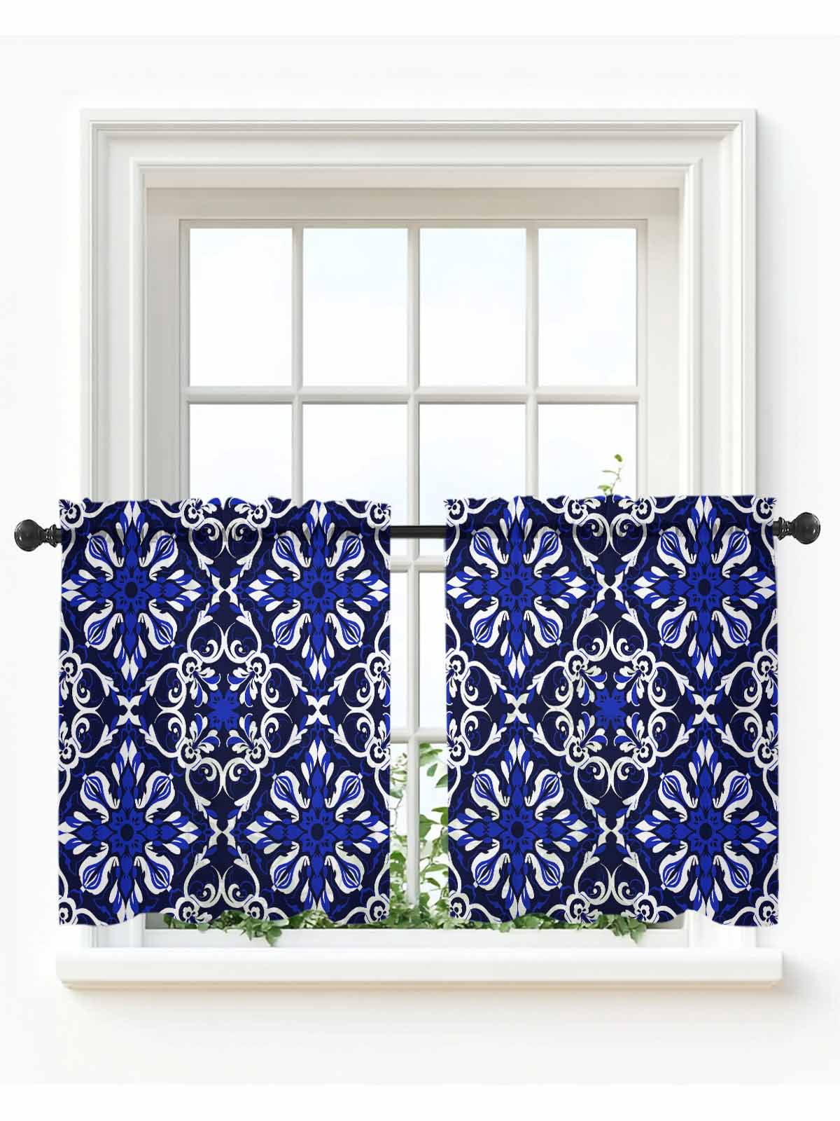 Blue Boho Floral,Tier Curtains 24 Inch Length,Sheer Curtains for ...
