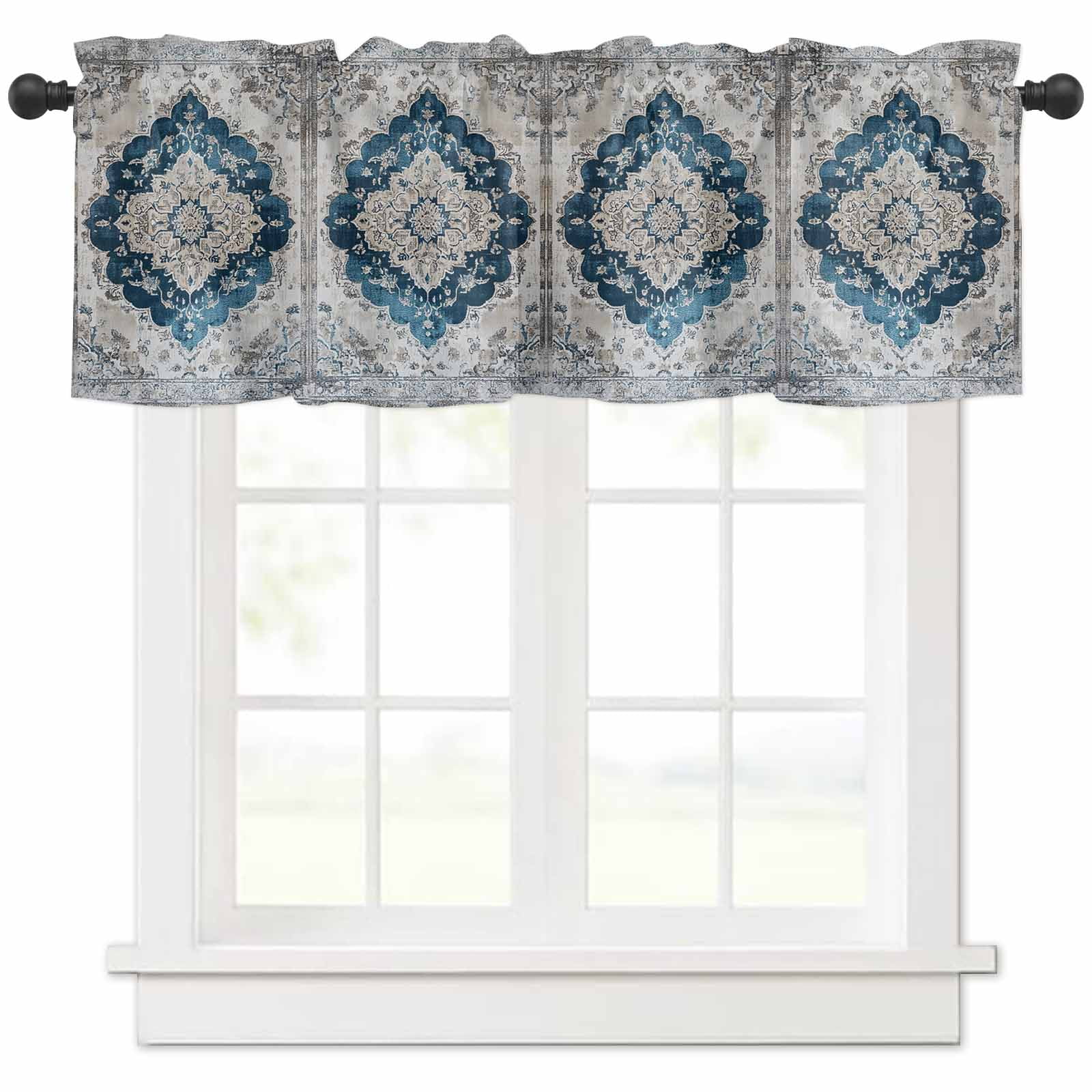 Blue Boho Floral Valances for Windows Farmhouse Kitchen Curtains ...
