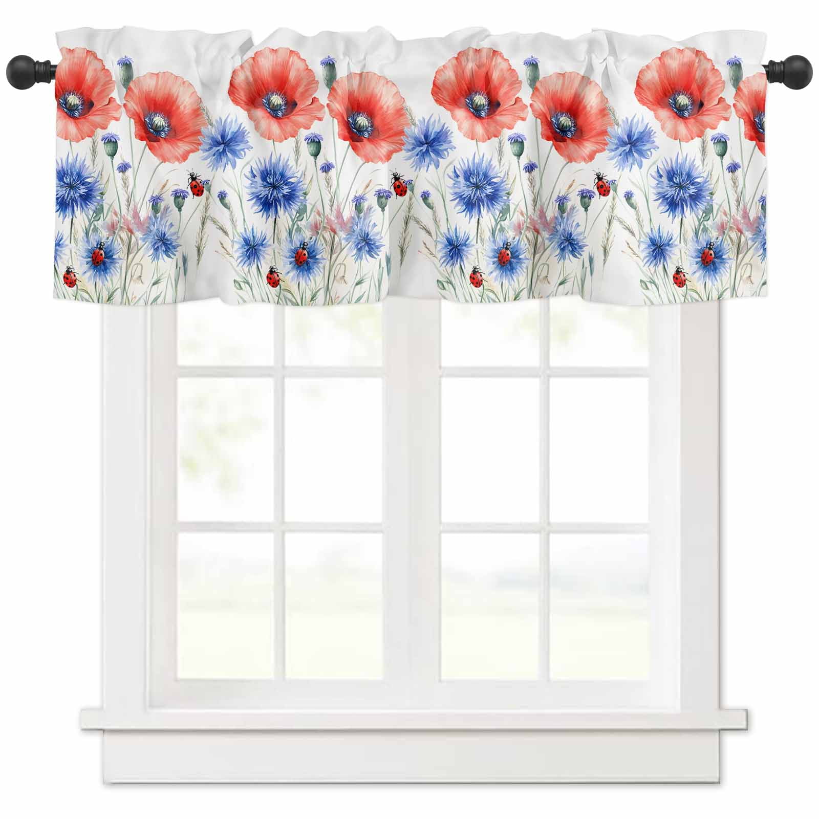 Blue Boho Floral Valances for Windows Farmhouse Kitchen Curtains ...