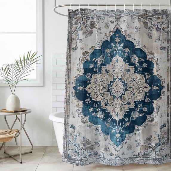 Blue Boho Floral Waterproof Fabric Shower Curtain,Vintage National ...
