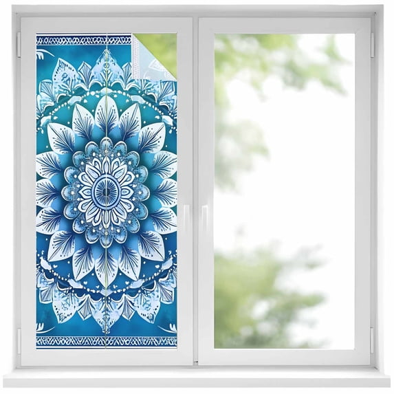 Blue Boho Floral Window Privacy Film, Ethnic Tribal Abstract Flowers ...