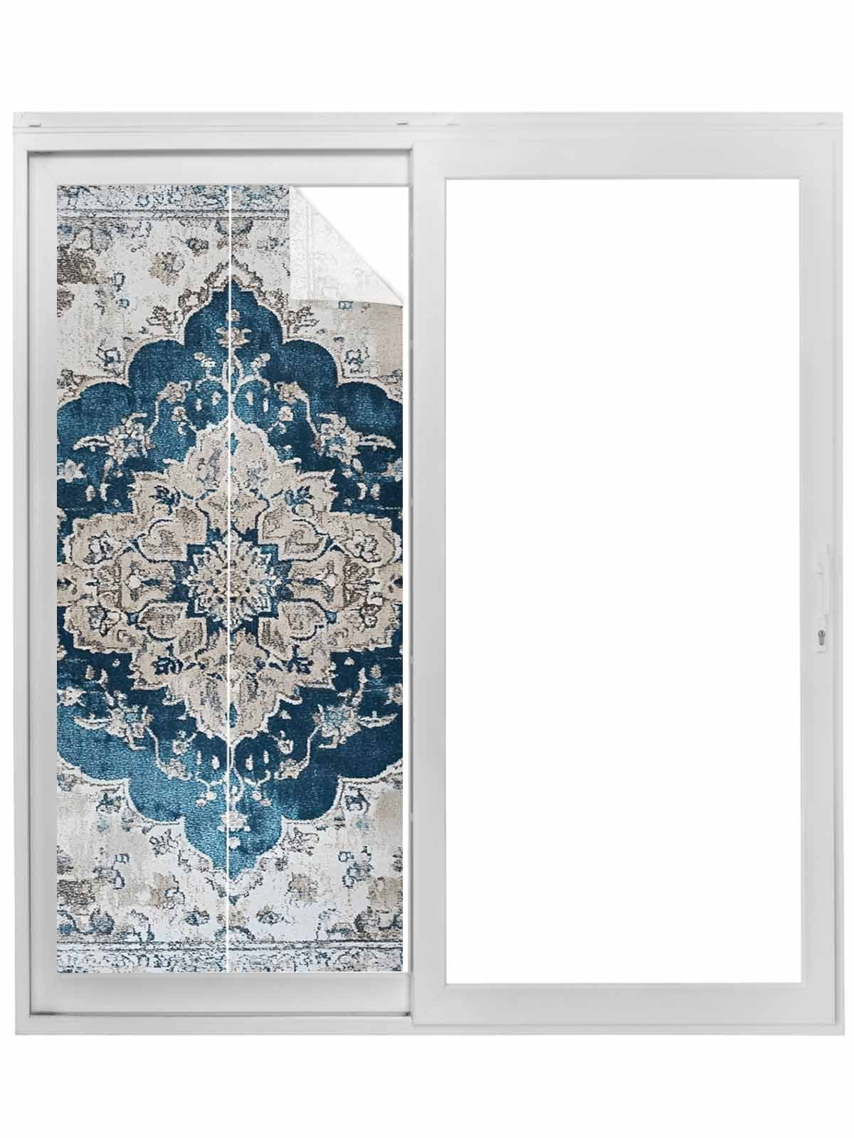 Blue Boho Floral Window Privacy Film, Vintage National Floral Textured ...