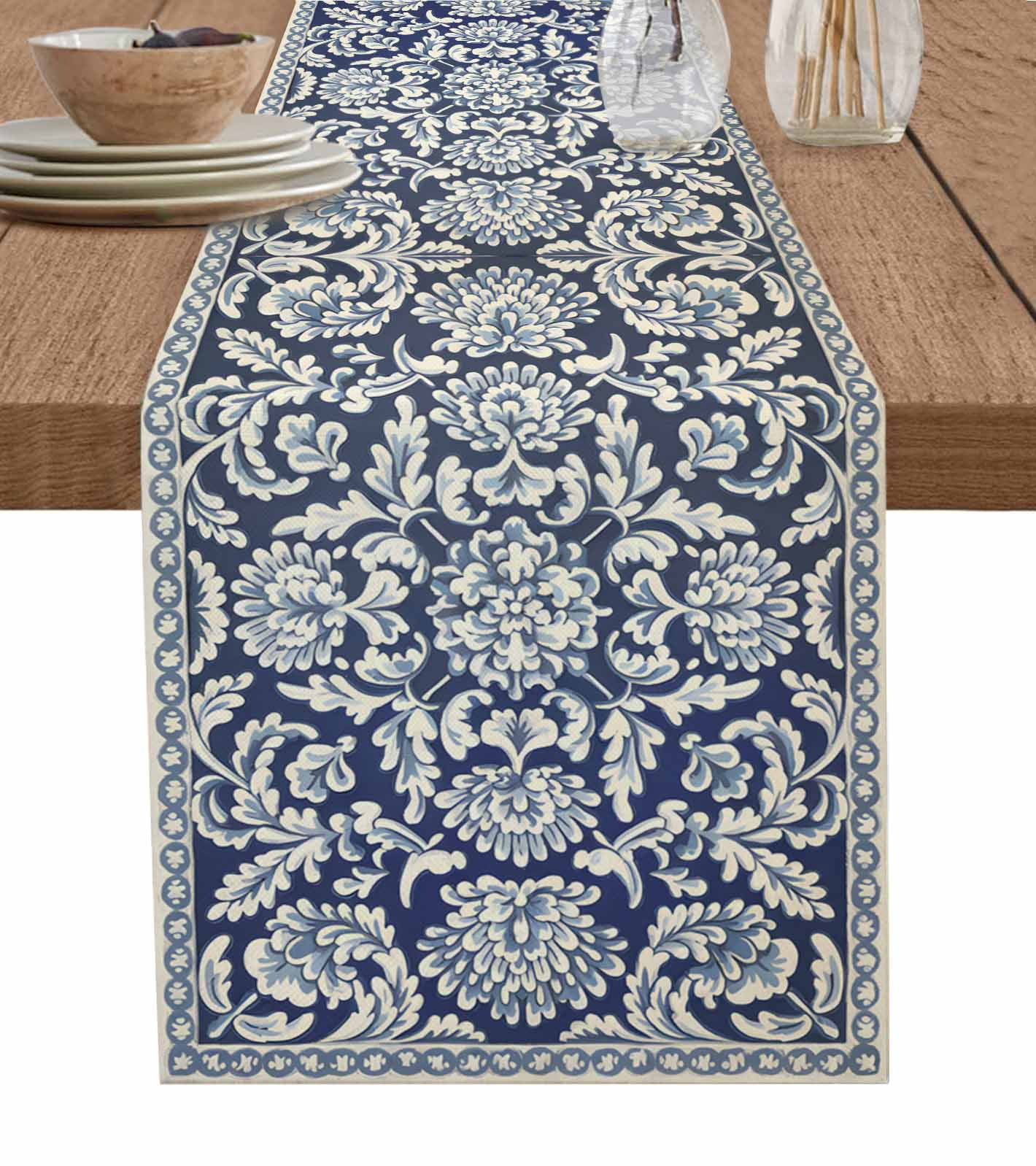 Blue Boho Flower Burlap Cotton Table Runner 16x72 Inches Long, Country ...