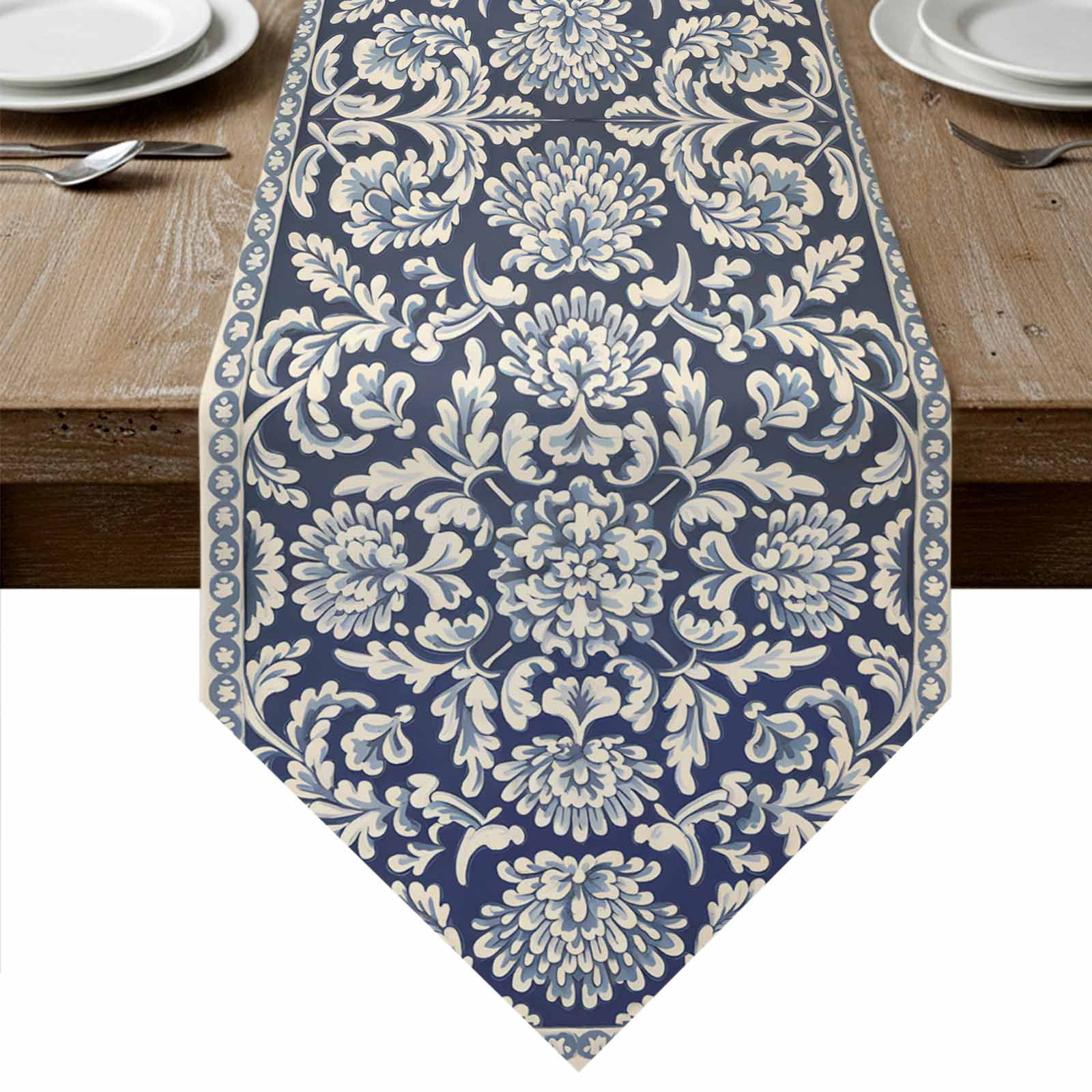 Blue Boho Flower Table Runner Linen Burlap Table Runner 108 Inches Long ...