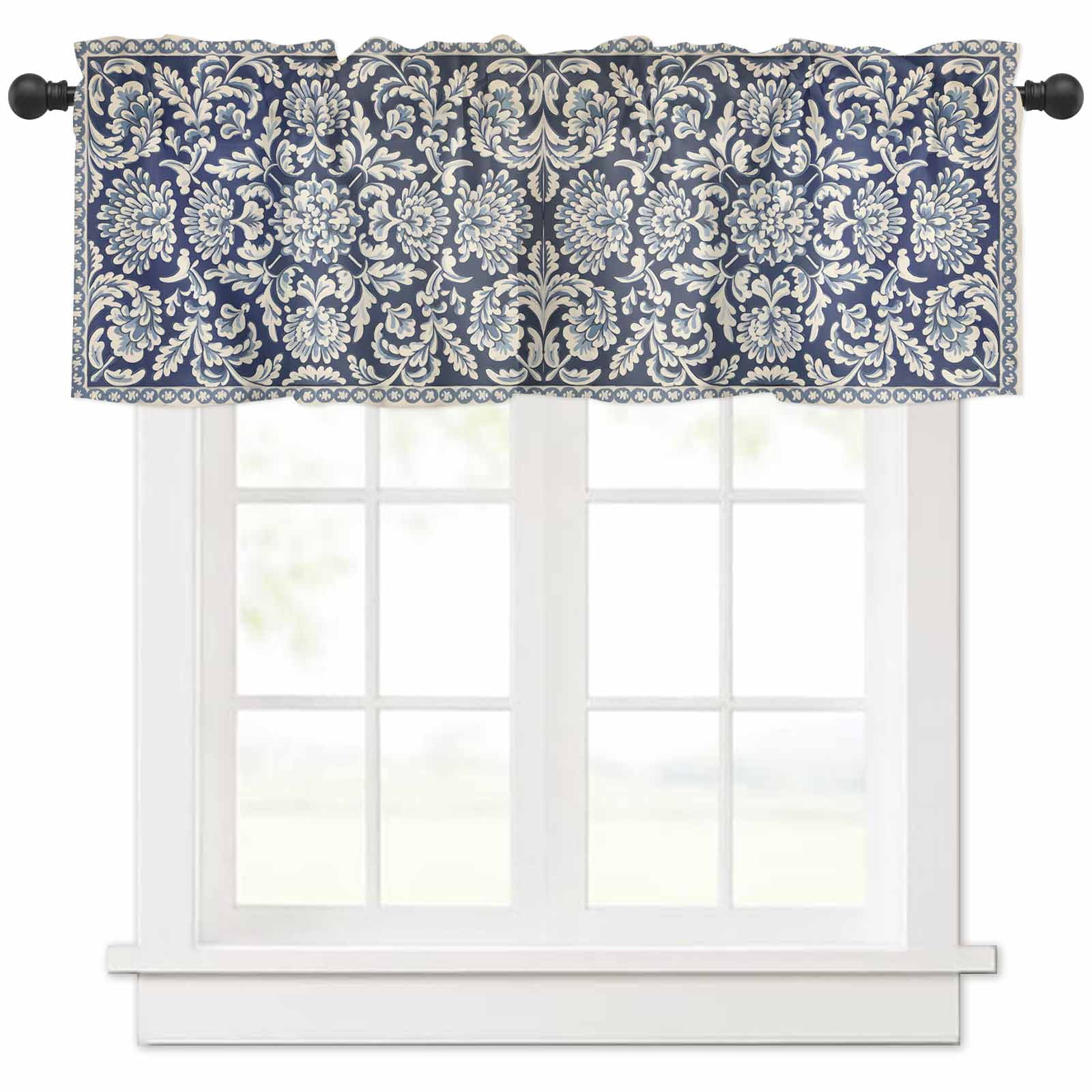Blue Boho Flower Valances for Windows Farmhouse Kitchen Curtains ...