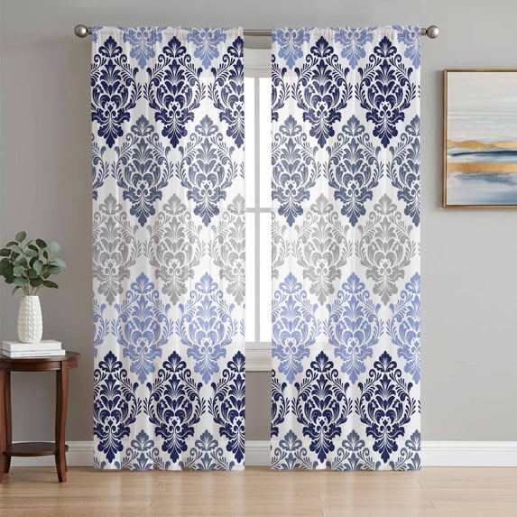 Blue Boho Flowers Sheer Curtains for Living Room Bedroom Modern ...