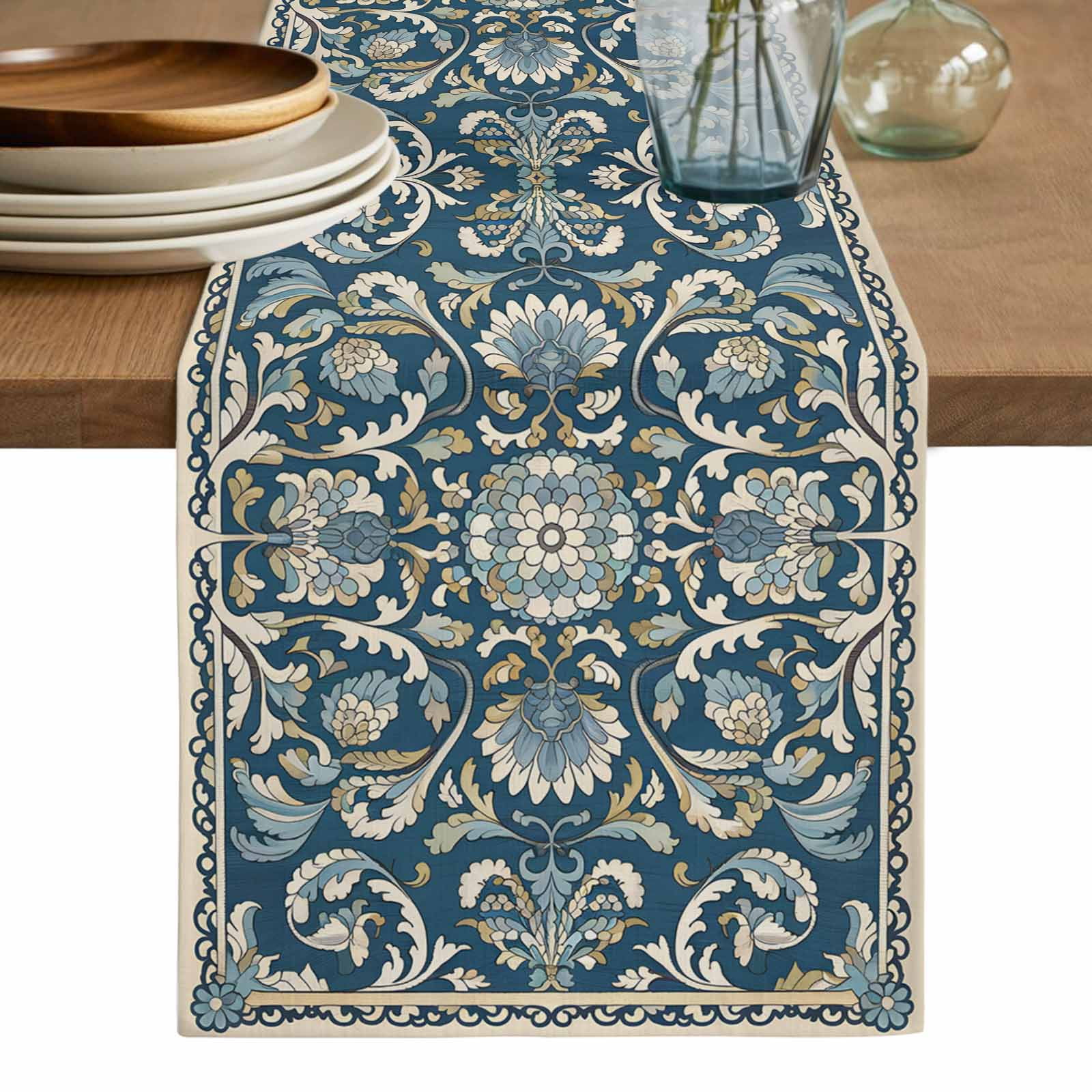 Blue Boho Flowers Table Runner, Country Vintage Abstract Floral ...