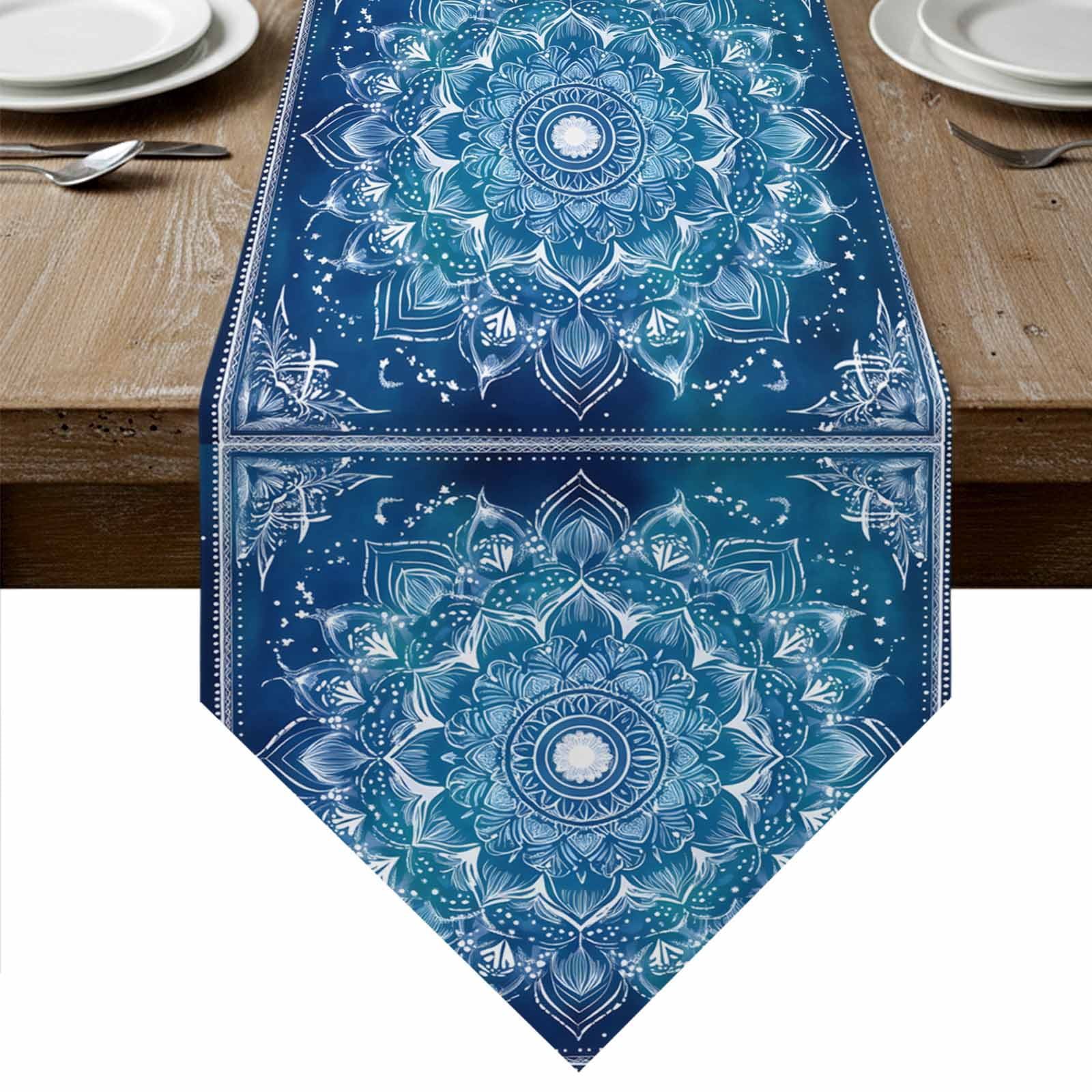 Blue Boho Flowers Table Runner Linen Burlap Table Runner 72 Inches Long ...