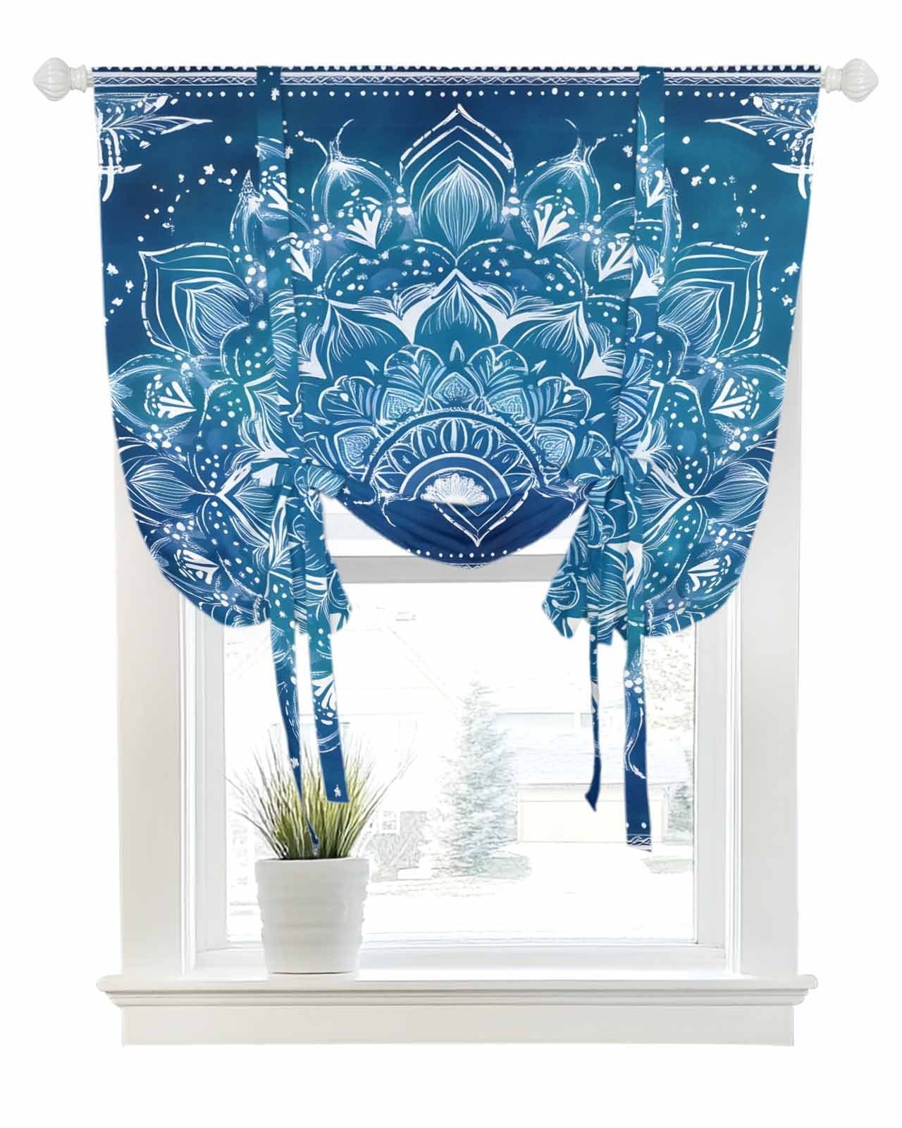 Blue Boho Flowers Tie Up Curtains for Window, Thermal Insulated Balloon Shade Adjustable Rod ...